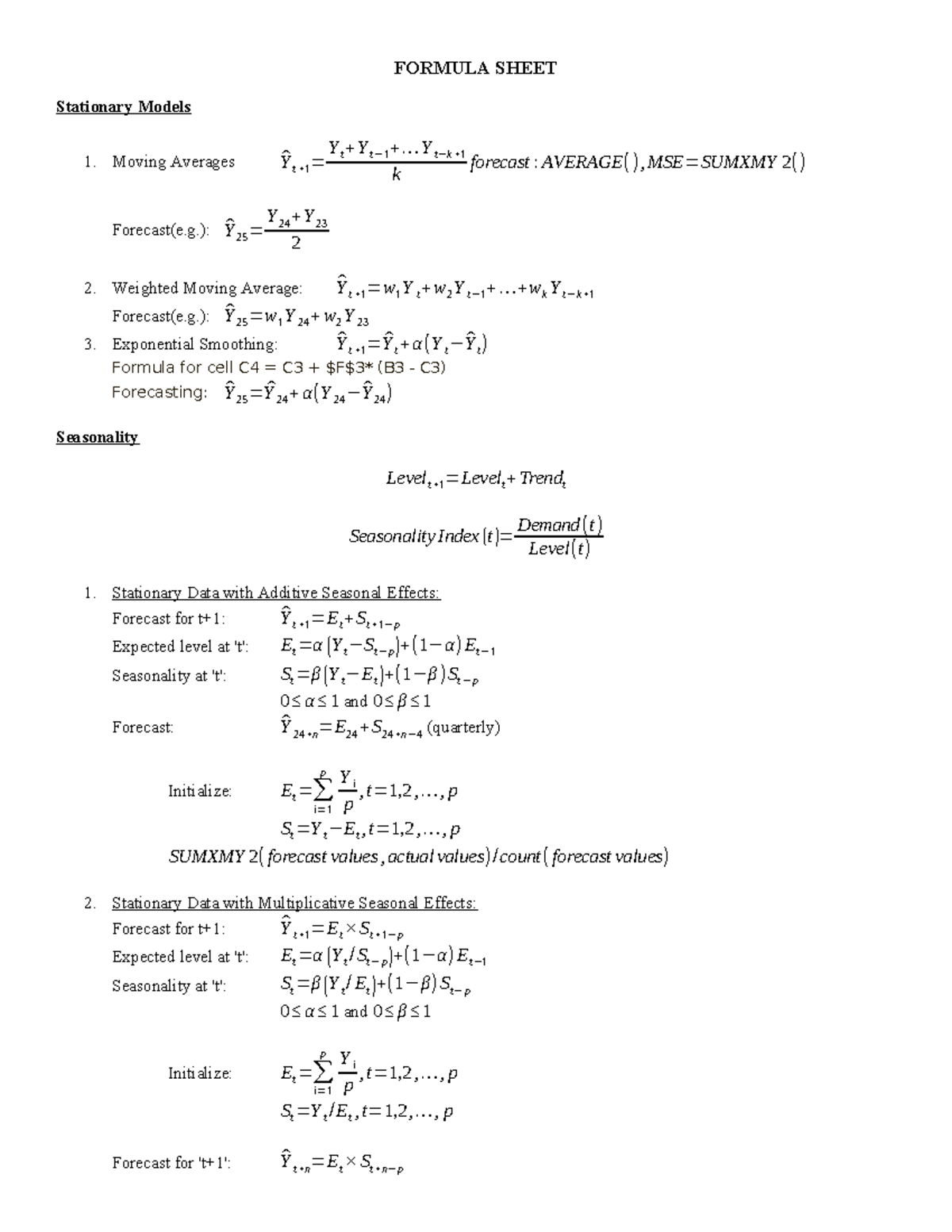 Time Series Forecasting Formula Stationary Models 1 Moving Averages Y T 1 Y T Y T − 1