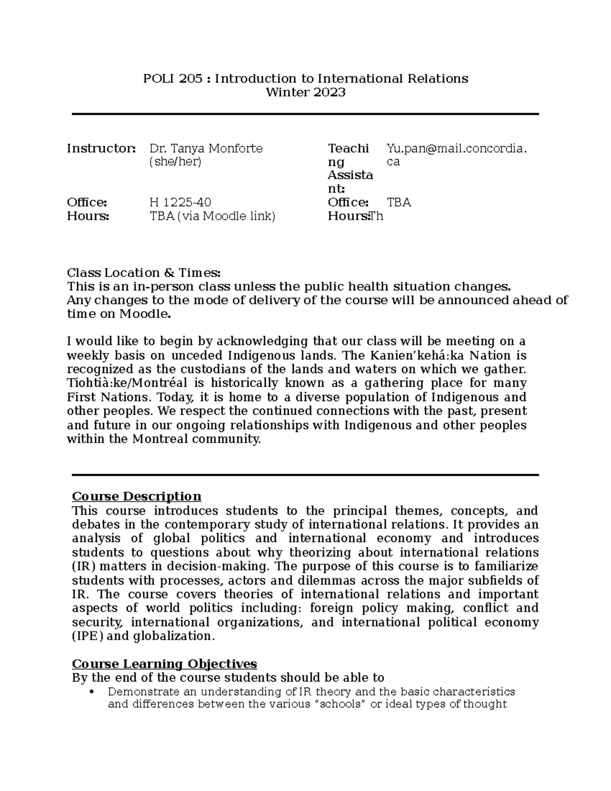 MONF POLI 205 Syllabus Winter 2023 - POLI 205 : Introduction to International Relations Winter ...