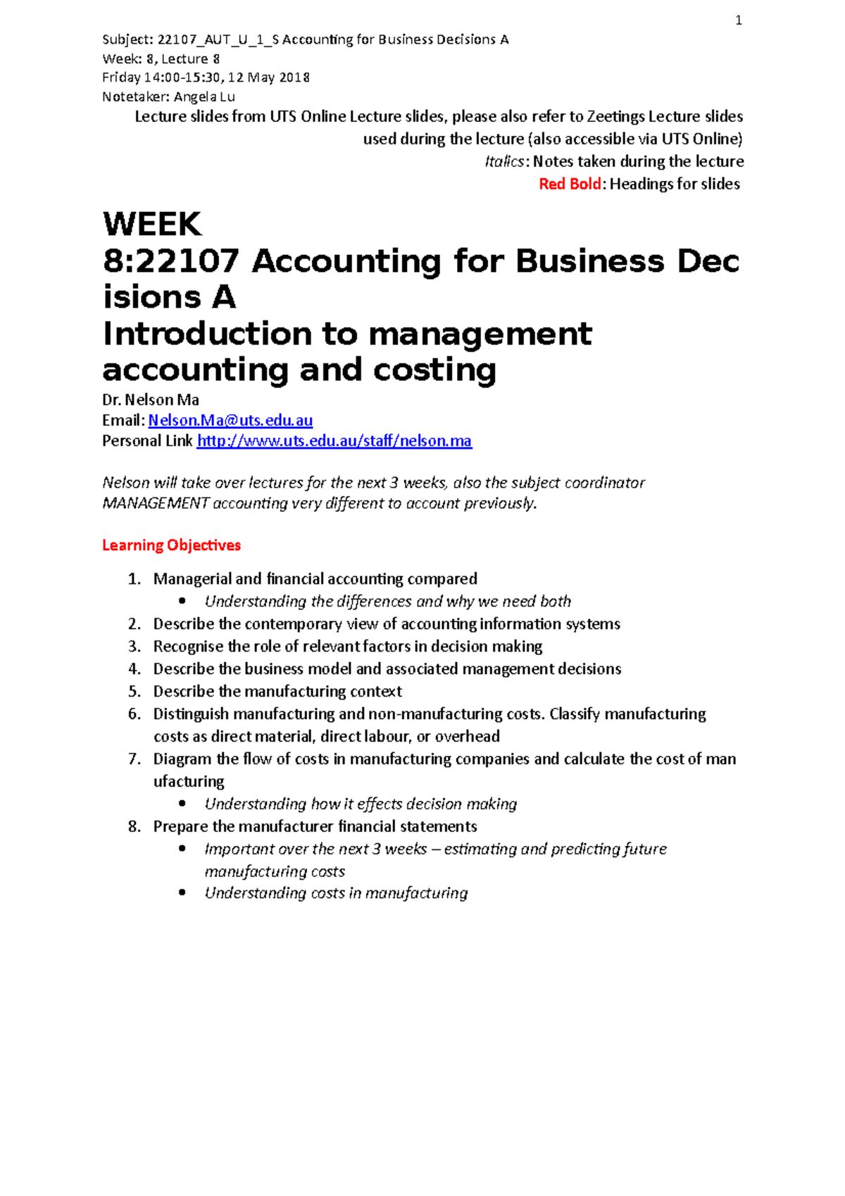 Lecture 8 - Introduction to management accounting and costing Lecture ...