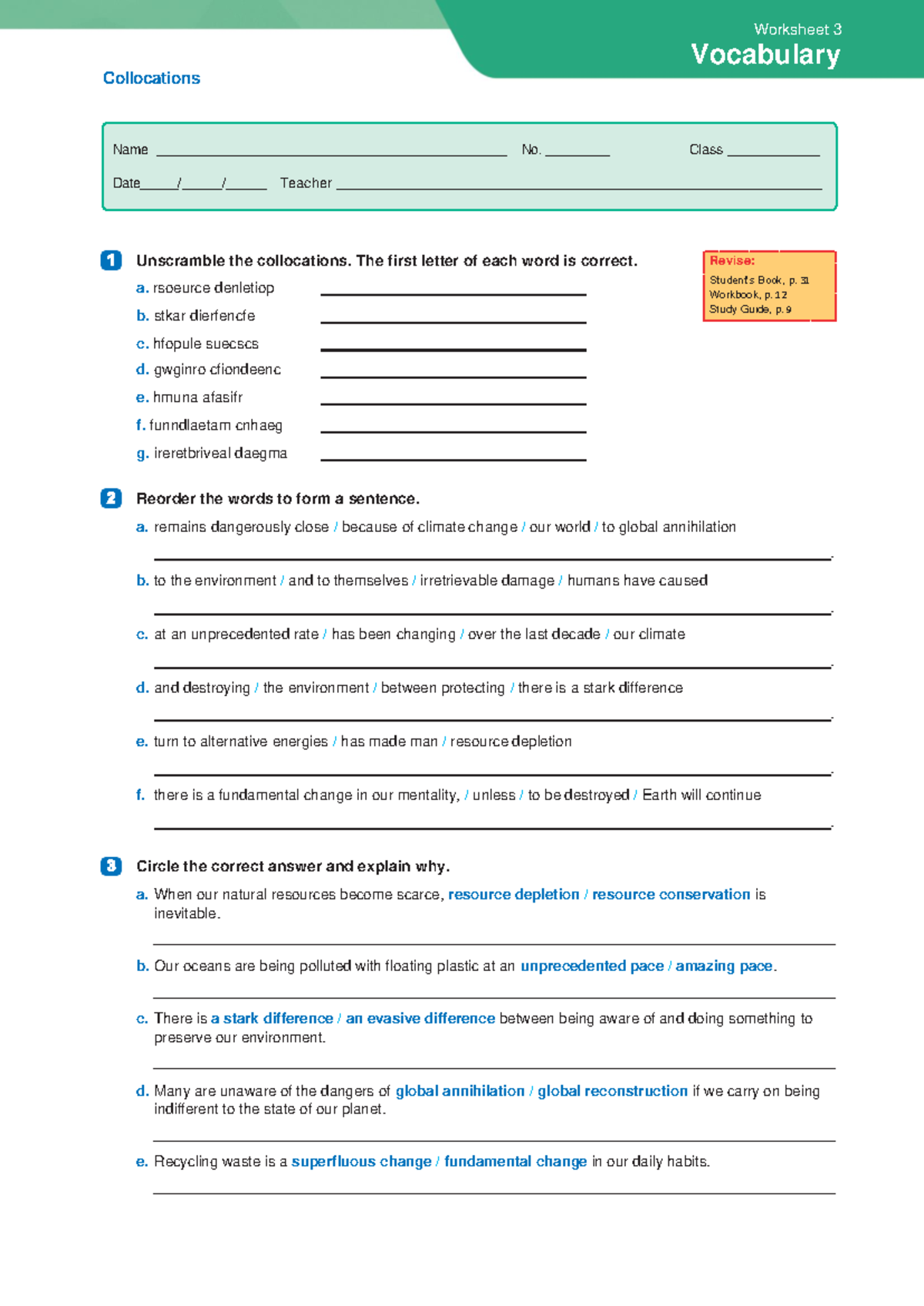 Enga11 vocabulary worksheet 3 collocations - Worksheet 3 Vocabulary Collocations Unscramble the ...