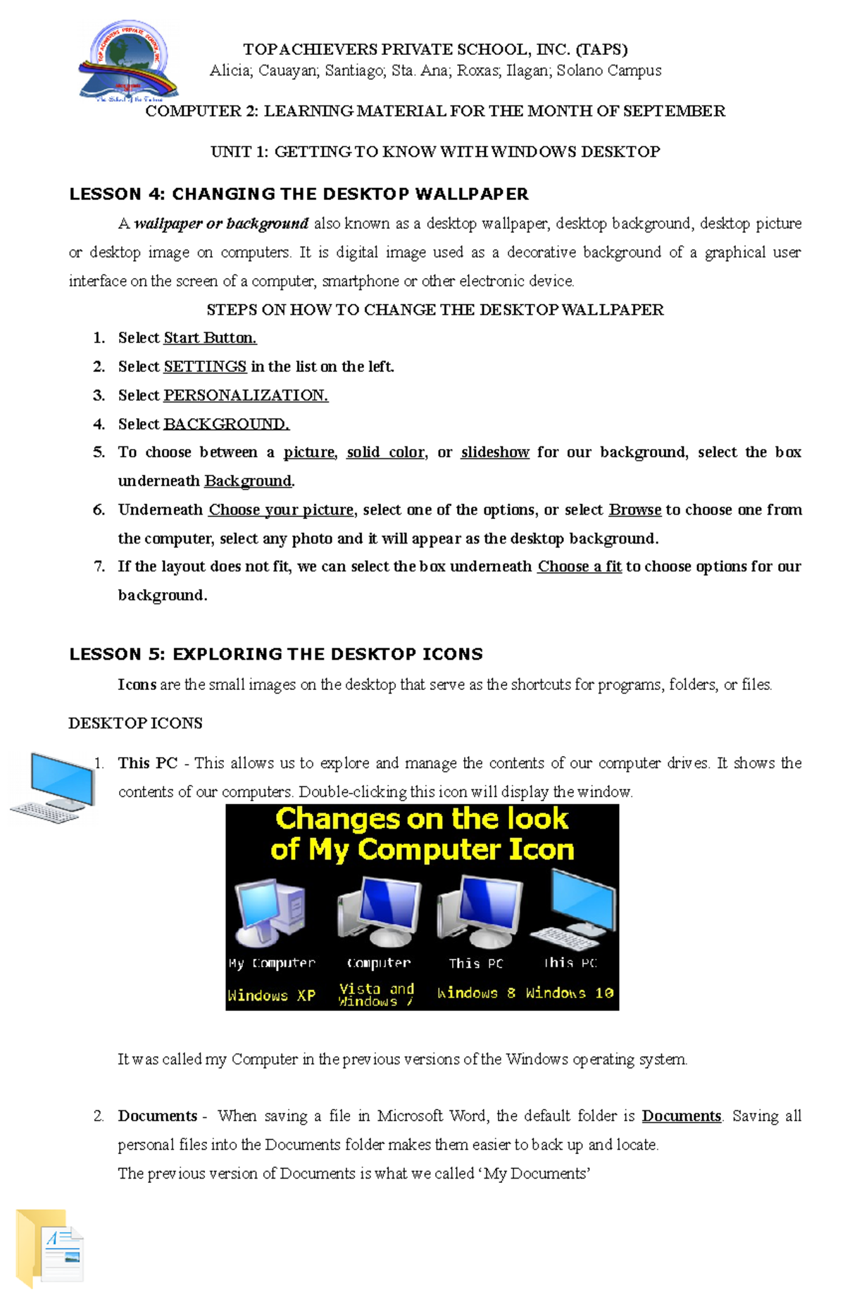 September Learning Material OF Computer 2 - TOP ACHIEVERS PRIVATE SCHOOL, INC. (TAPS) Alicia ...