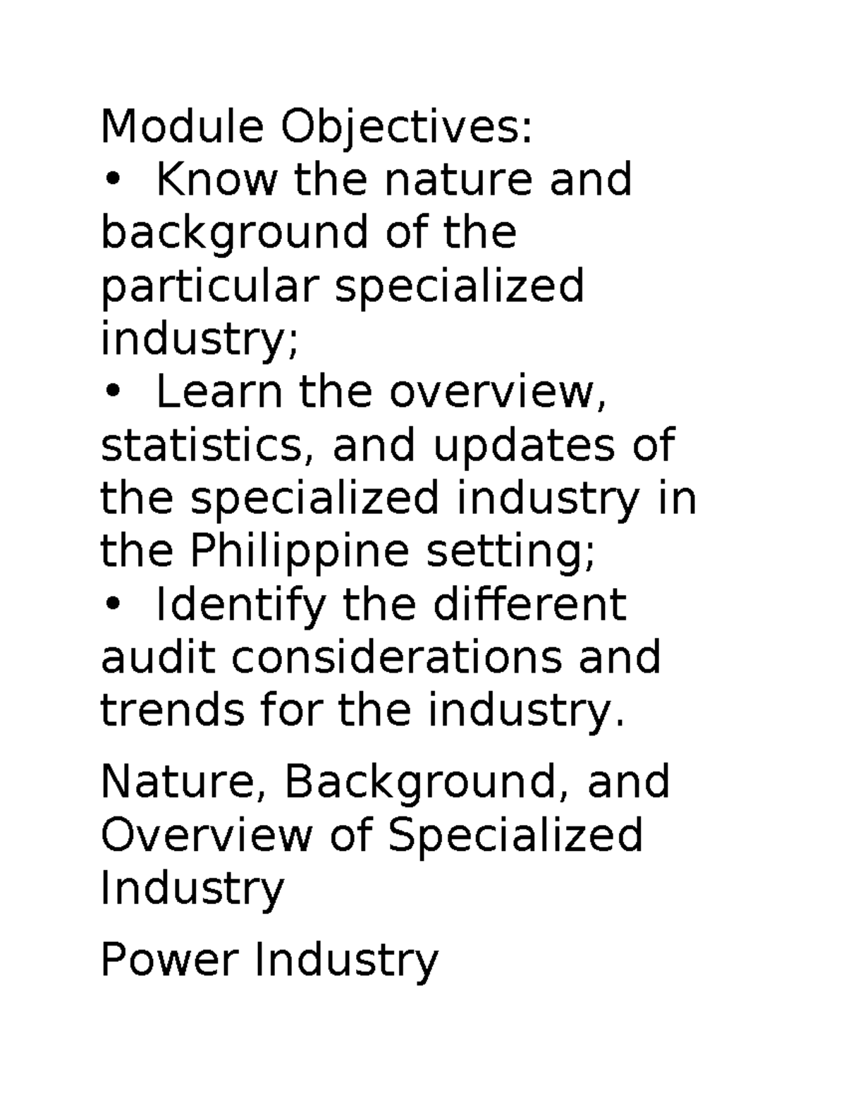 Power Industry - notes best - Module Objectives: Know the nature and ...