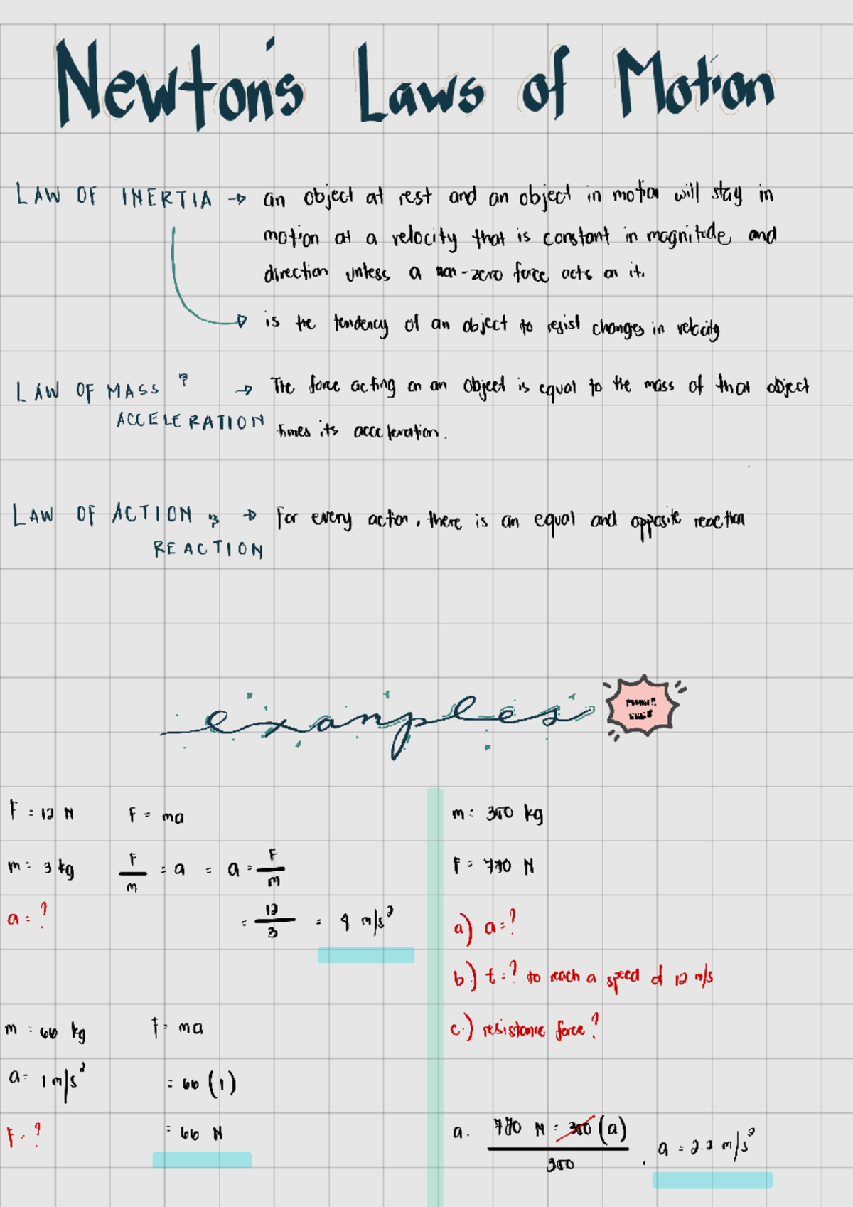 Physics Notes - Newtons Laws Moton LAW OF INERTIA an object at rest and ...