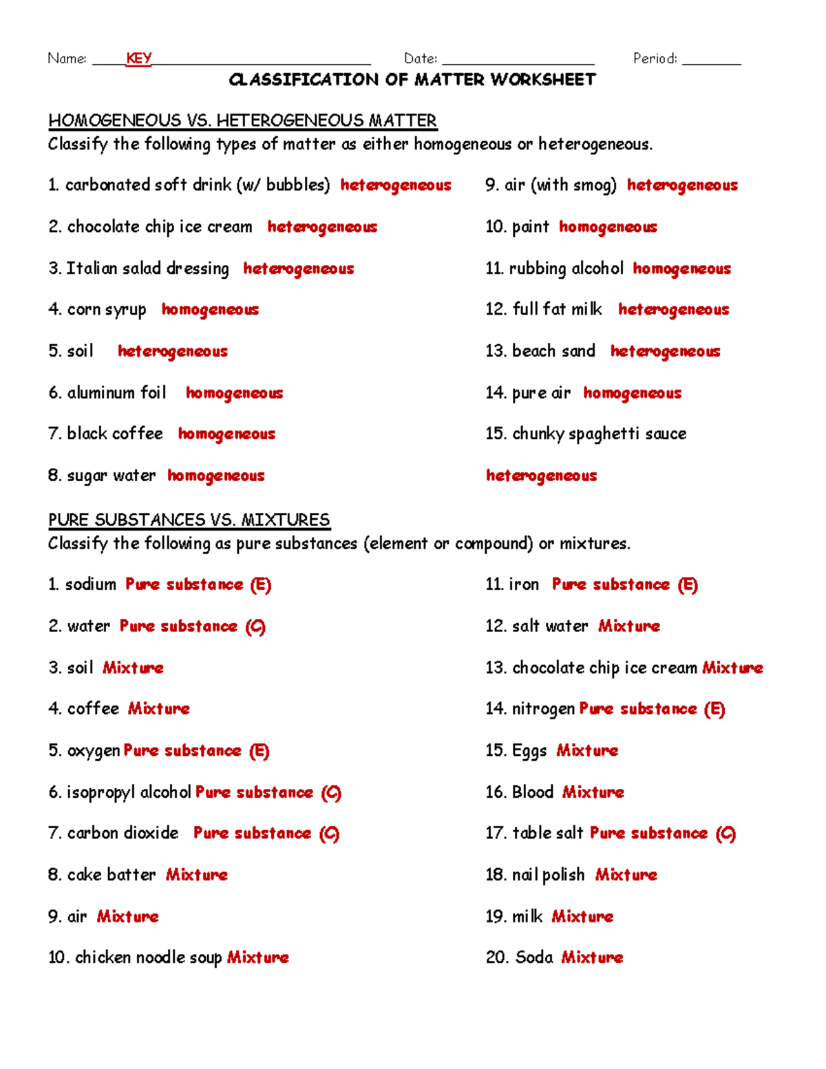 Classification of Matter Answer KEY - Name: KEY ...