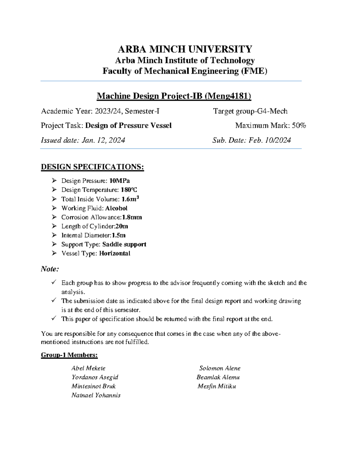 Machine Design Project IB, project title assinment - Machine Design Project-IB (Meng 4181 ...