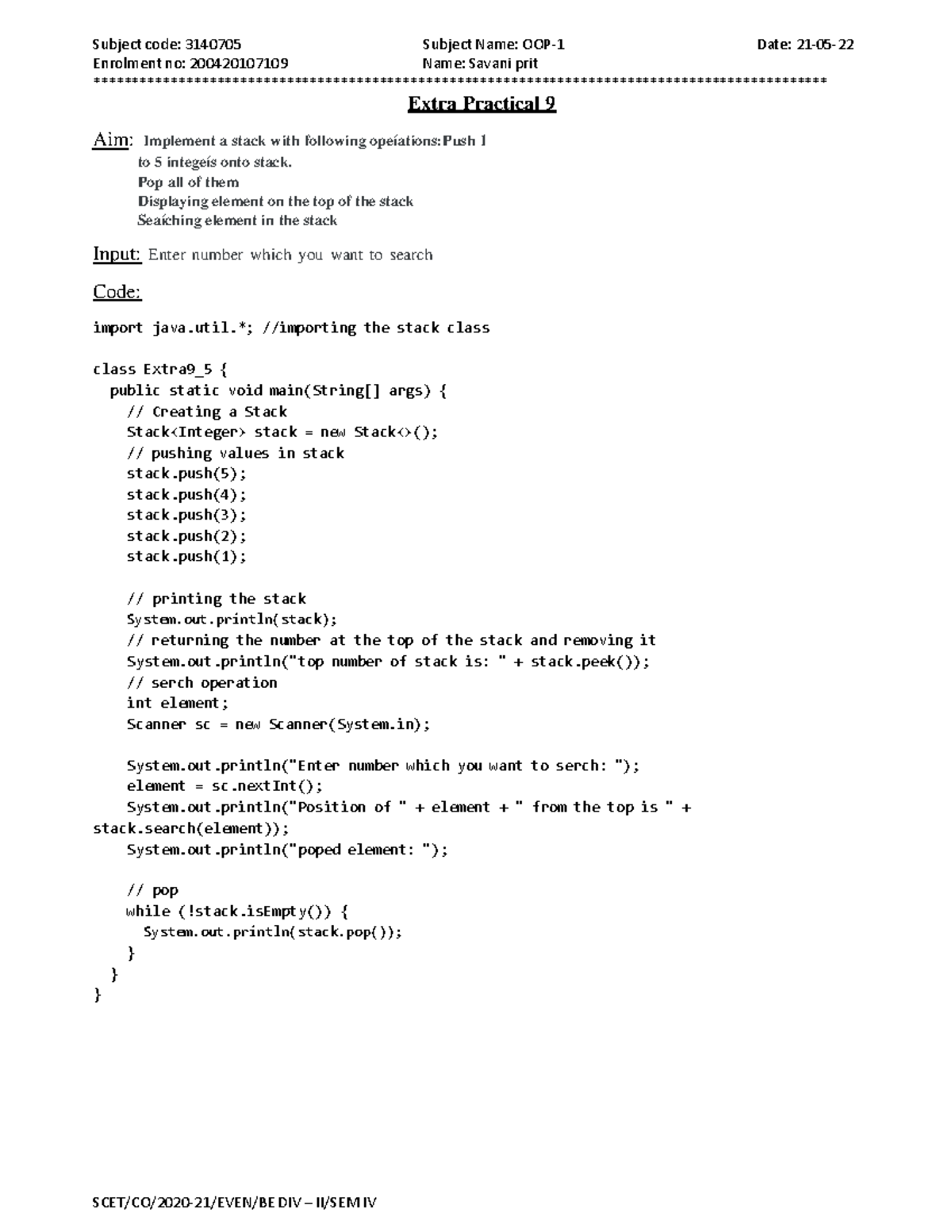 object oriented extrapractical 9 - Subject code: 3140705 Enrolment no ...