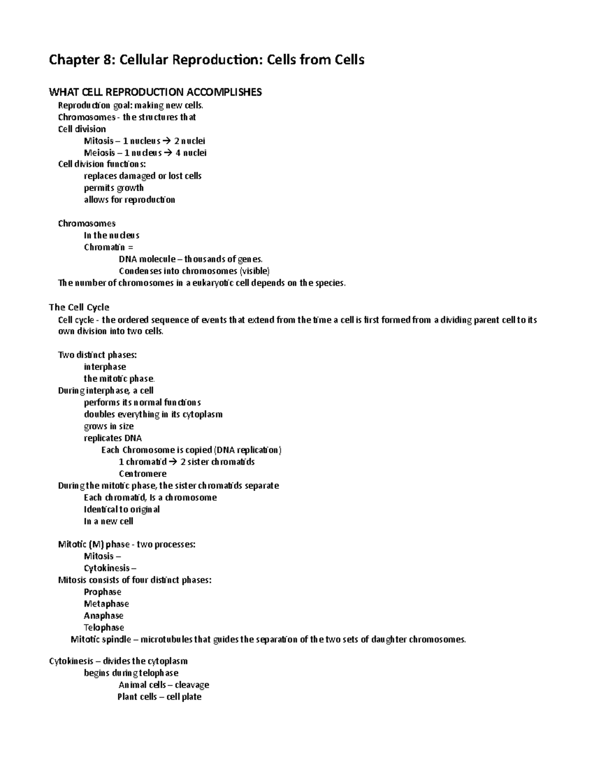 Chapter 08 - Cell Division outline - Chapter 8: Cellular Reproduction ...