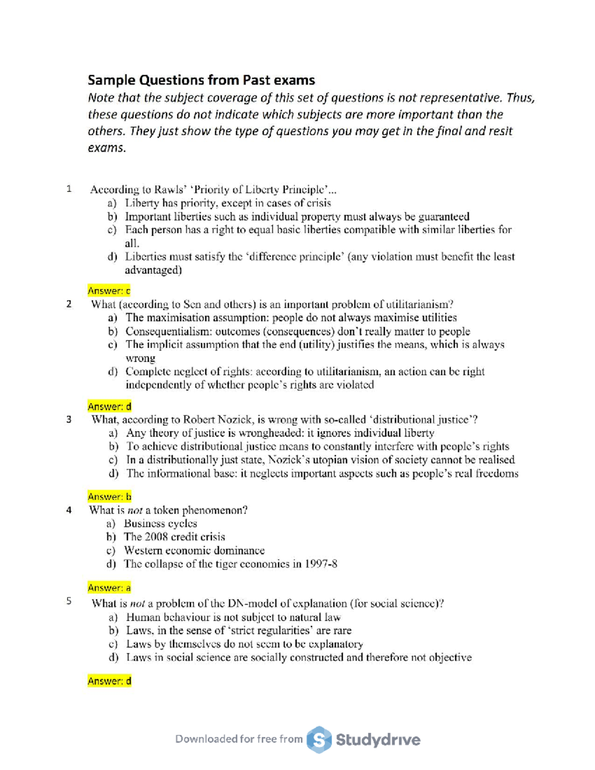 Sample questions answers - Sample Questions from Past exams Note that ...