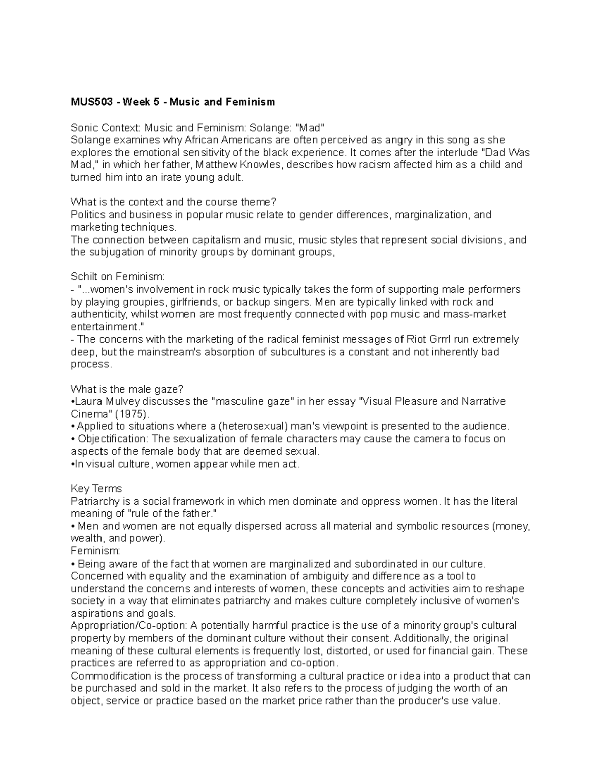 MUS503 Week 5 - Music and Feminism - MUS503 - Week 5 - Music and ...