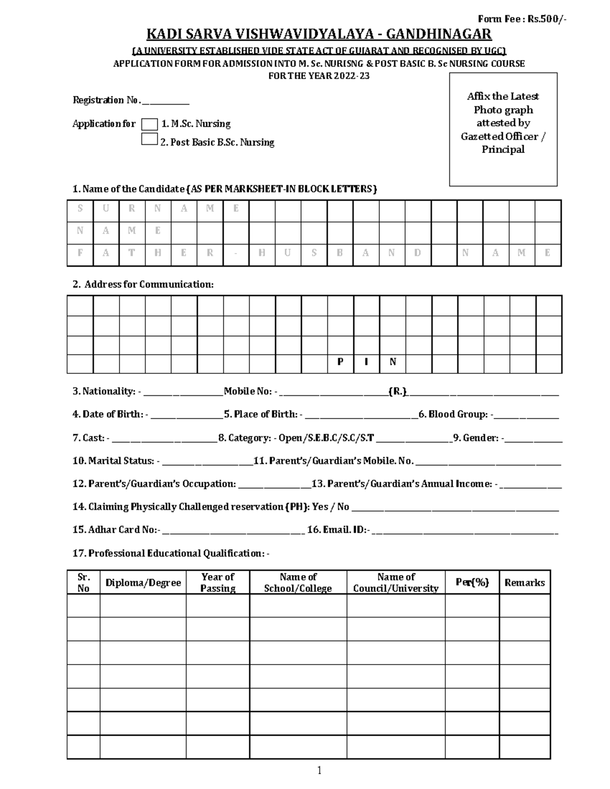 M.Sc .-P.B.B - How - 1 Form Fee : Rs/- KADI SARVA VISHWAVIDYALAYA ...