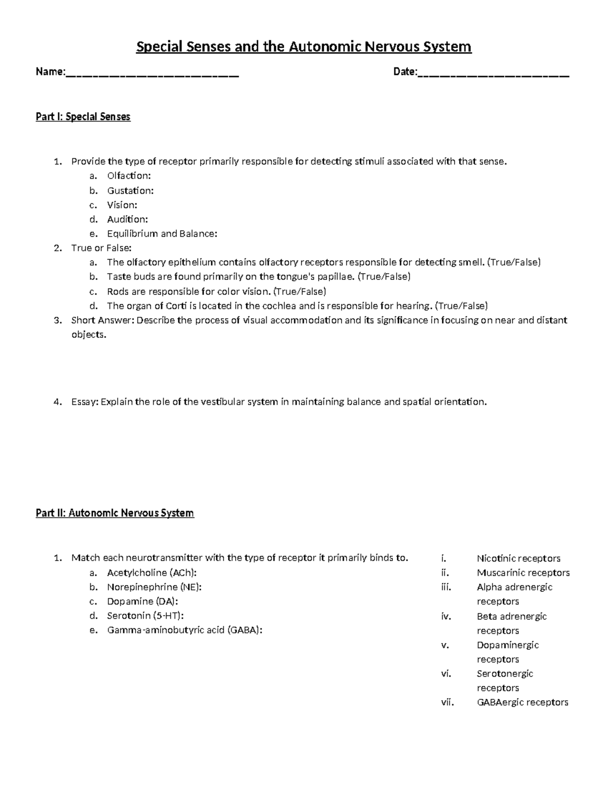 Special Senses and the Autonomic Nervous System - Special Senses and ...