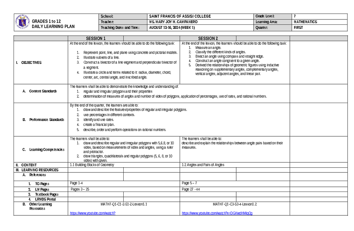 MATH 7 - DLP - Q1 - DLP - GRADES 1 to 12 DAILY LEARNING PLAN School ...