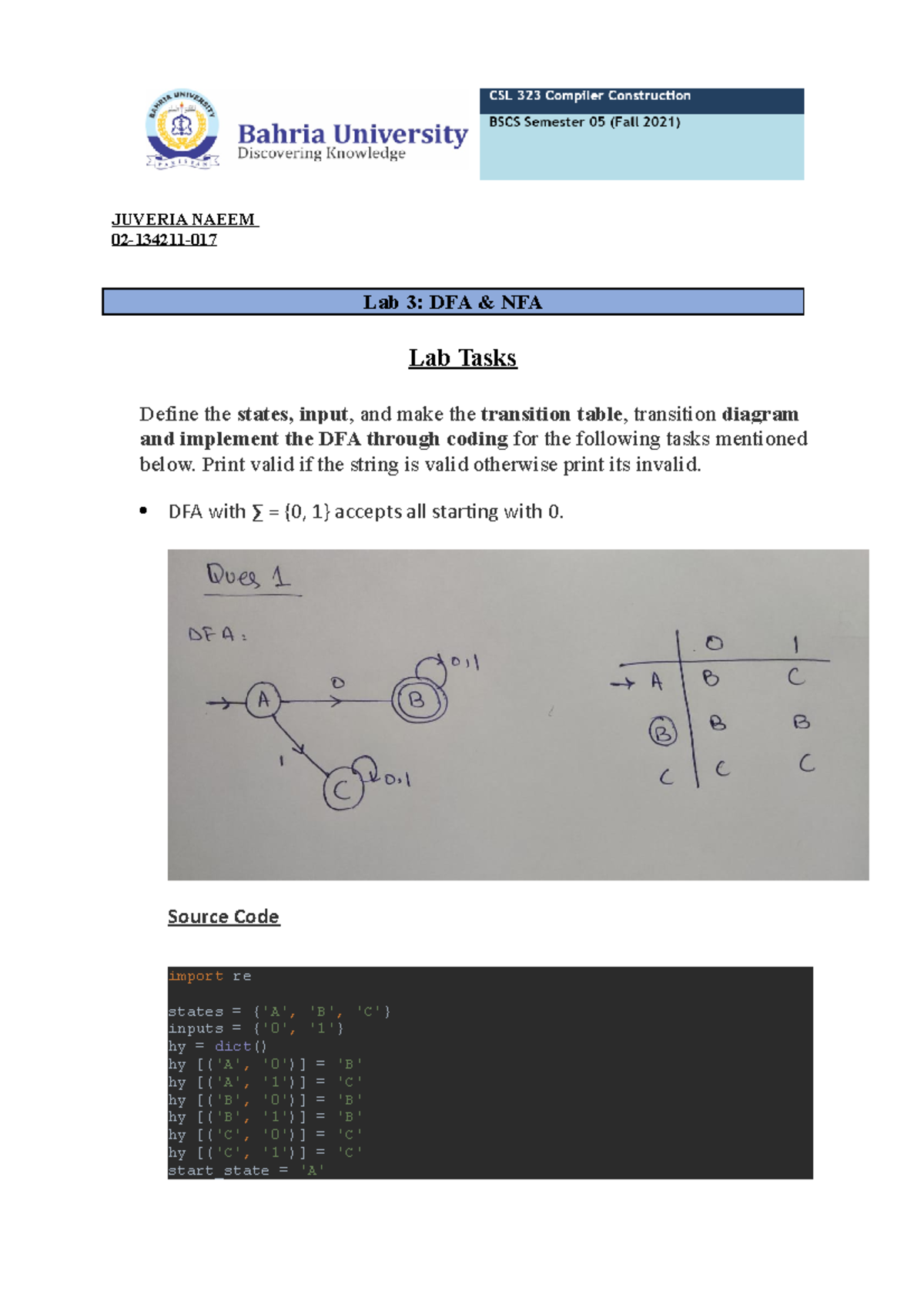 CC lab 3 - these are my lab performance - JUVERIA NAEEM 02-134211- Lab 3: DFA & NFA Lab Tasks ...