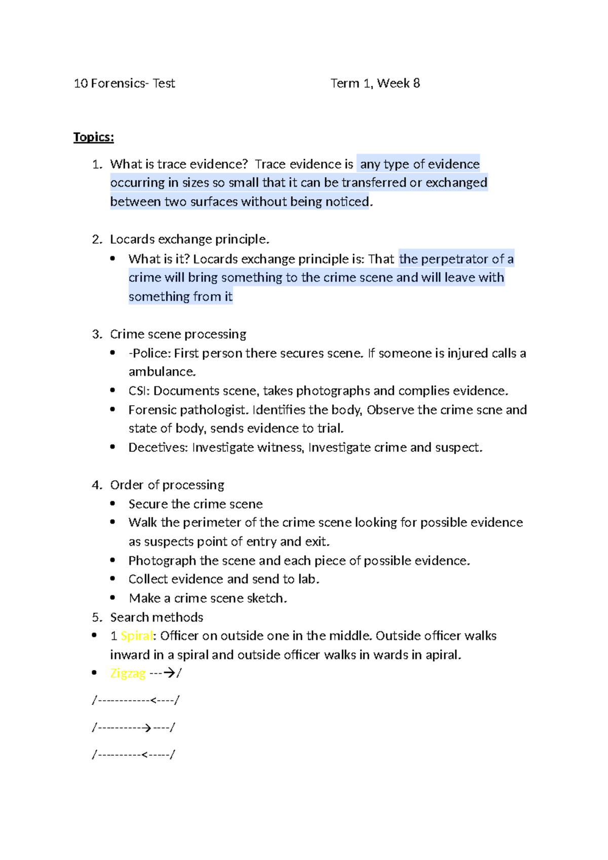 10 Forensics Term 1 Test revision guide - 10 Forensics- Test Term 1 ...