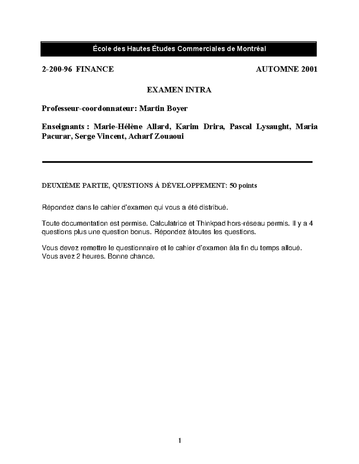 Examen avec solutions, automne 2001 - 220096 - HEC - Studocu