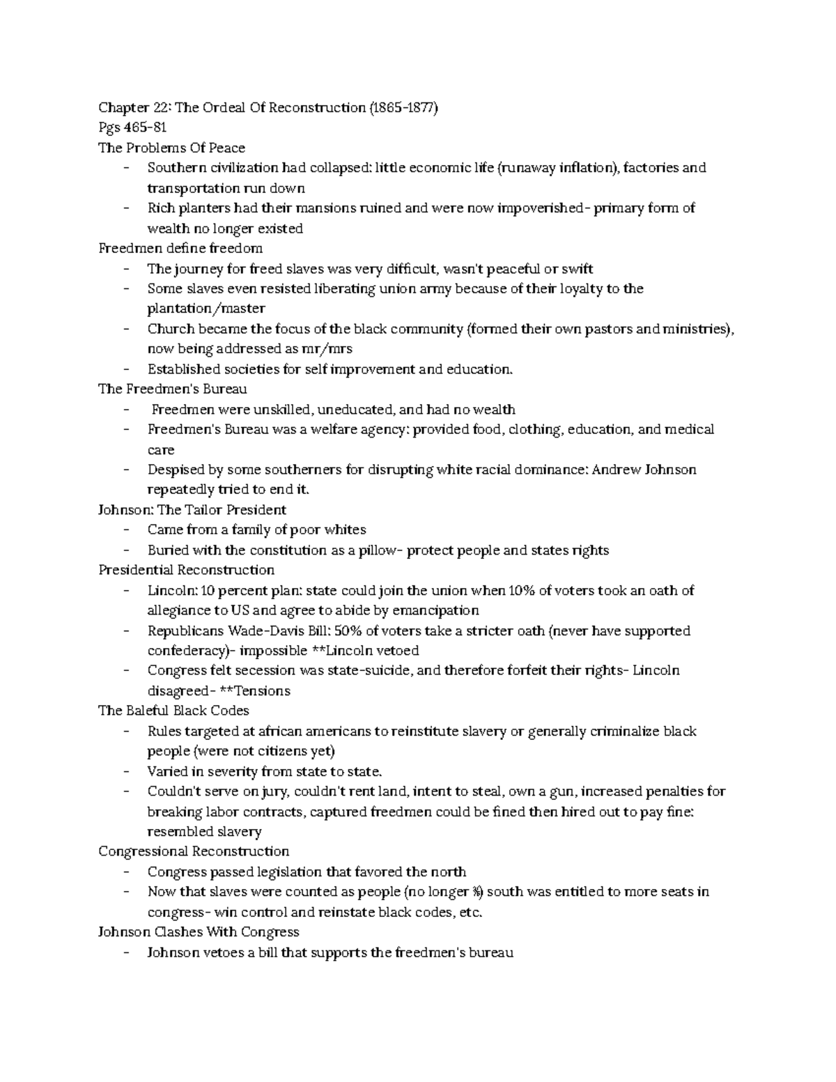 Textbook Reading Notes ch - Chapter 22 The Ordeal Of Reconstruction ...