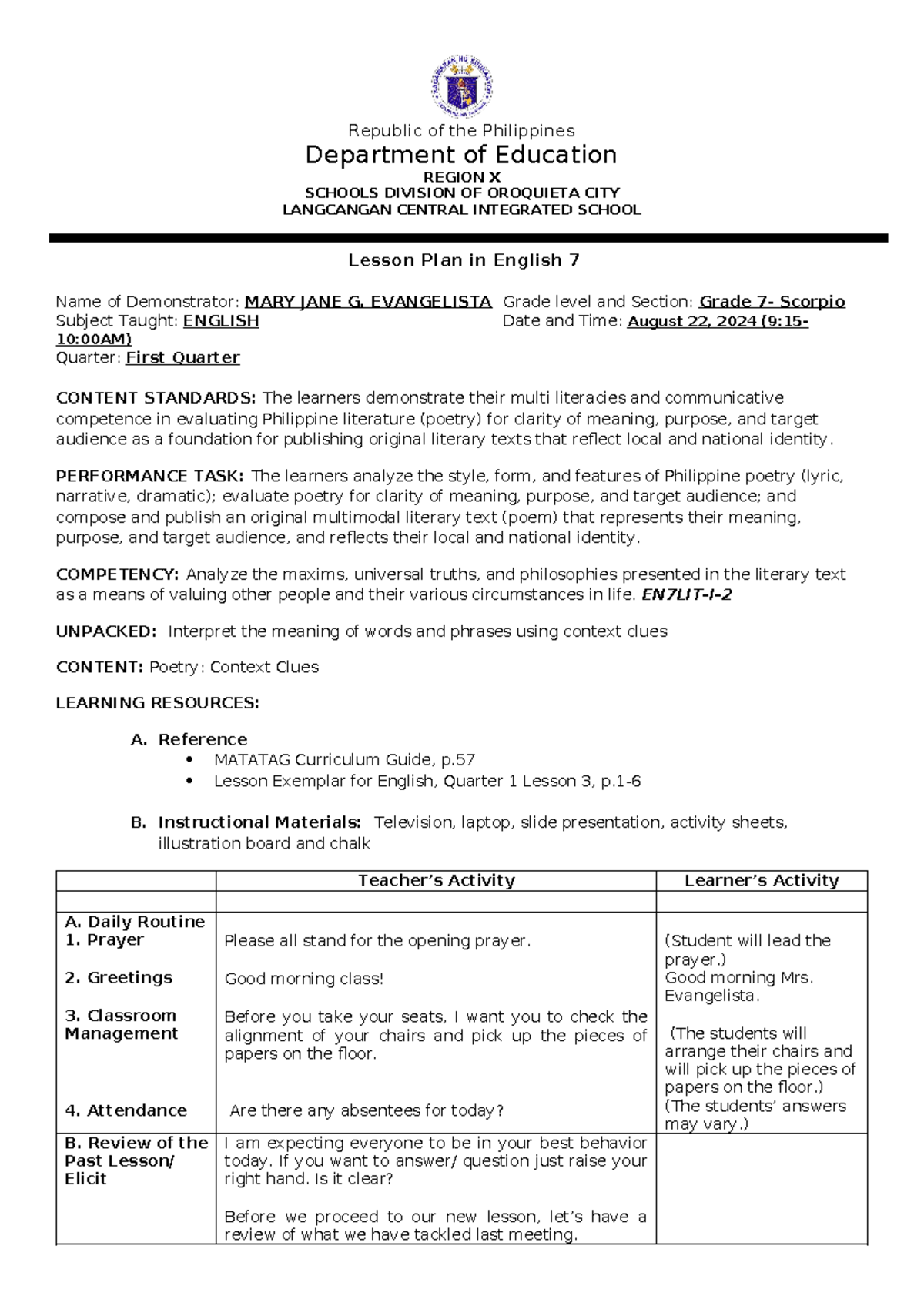 TA 2 English 7 - LESSON PLAN - Republic of the Philippines Department of Education REGION X ...
