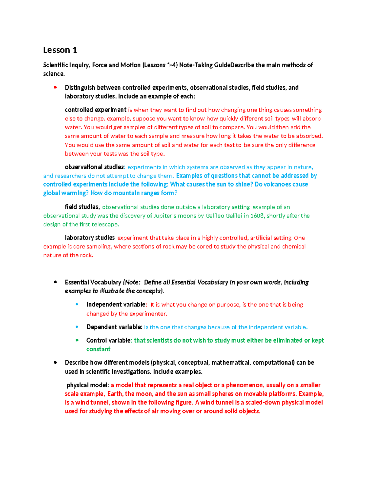 Note-Taking Guide C165 - Lesson 1 Scientific Inquiry, Force and Motion ...