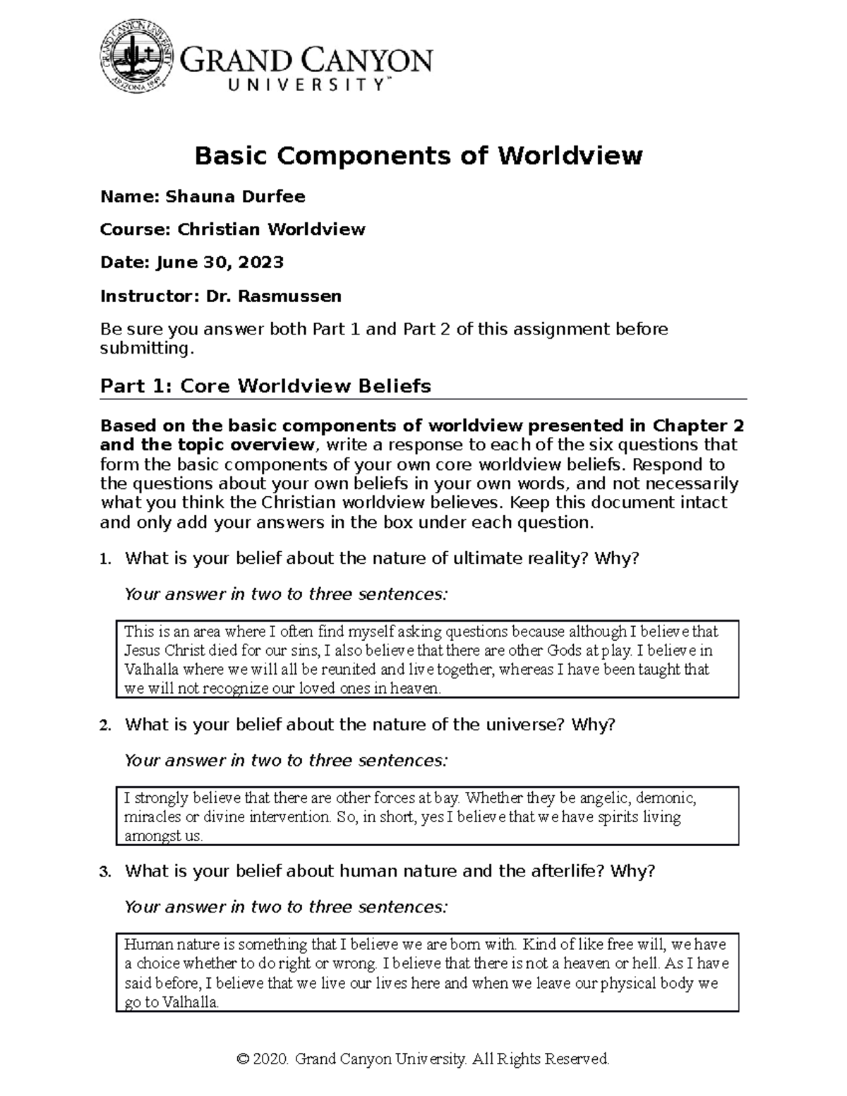 Shauna basic components of worldview - CWV 101 - GCU - Studocu