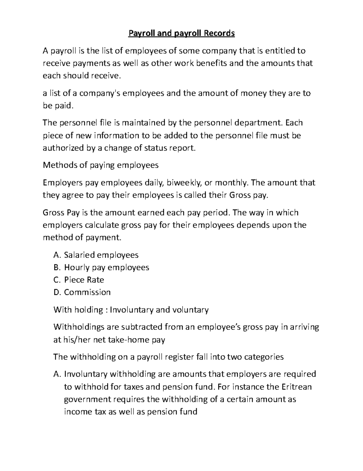 Payroll and payroll Records - a list of a company's employees and the ...