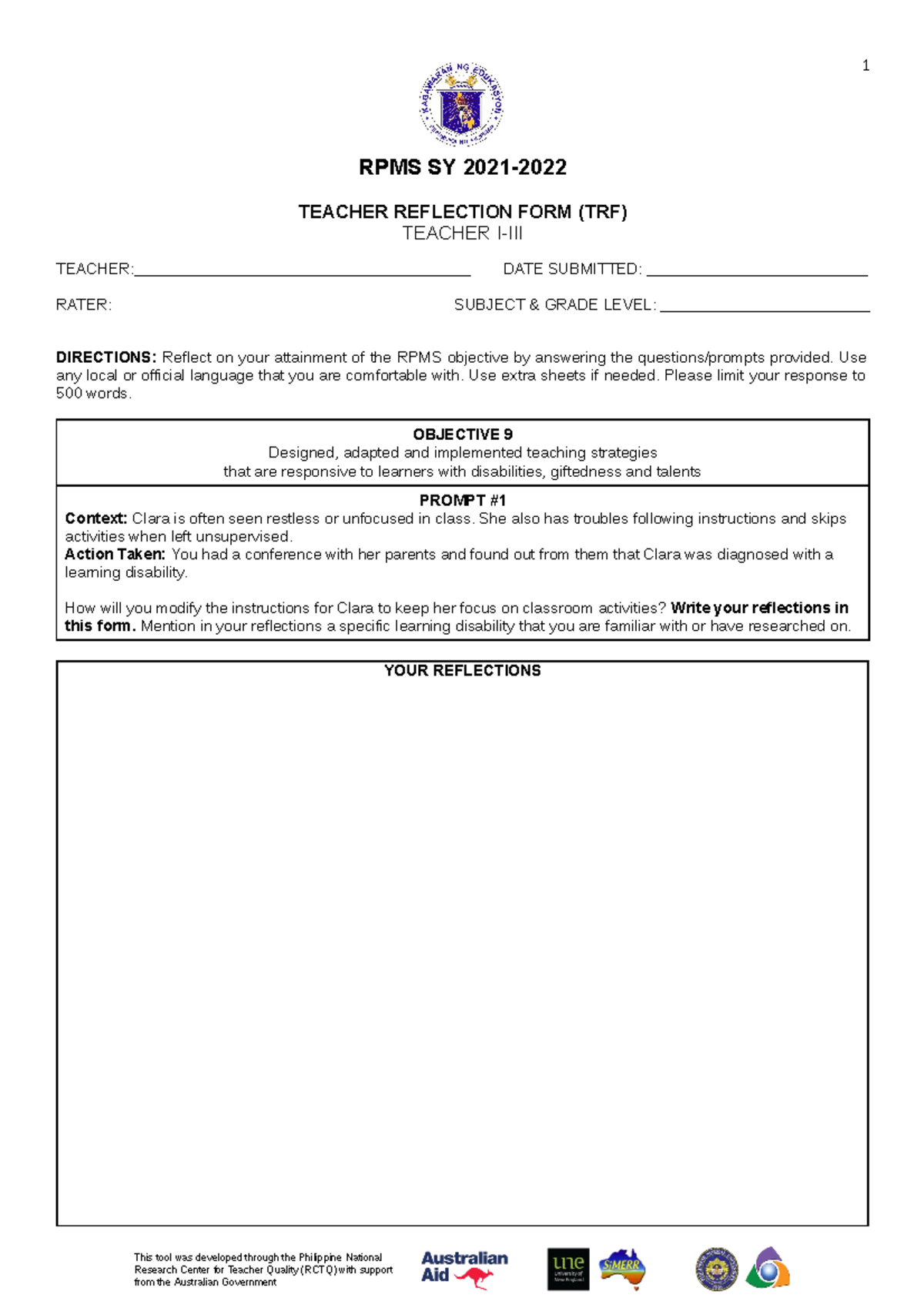 Appendix 4A Teacher Reflection Form for T I III for RPMS SY 2021 2022 ...