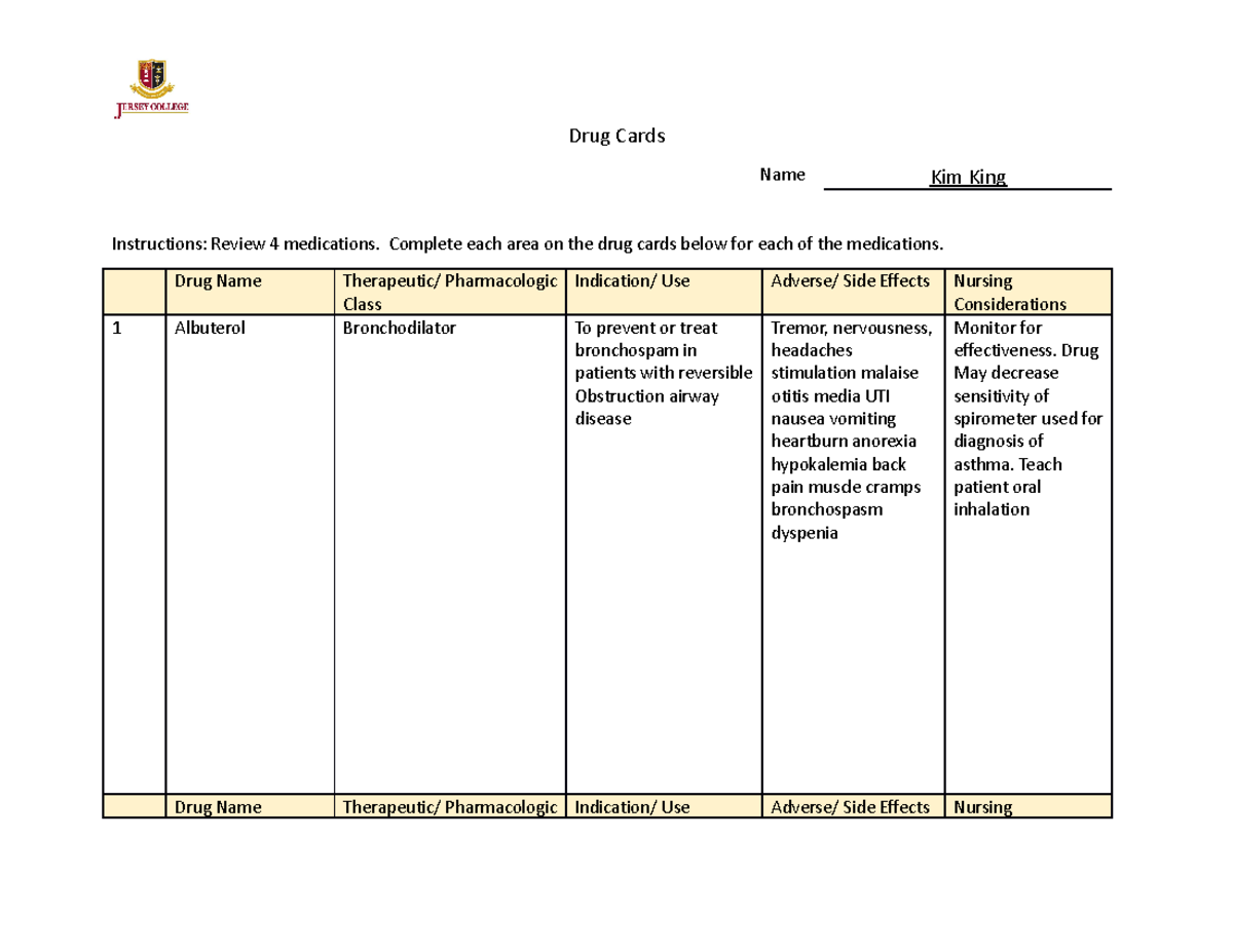 Week 2 drug cards - Drug Cards Name Kim King Instructions: Review 4 ...