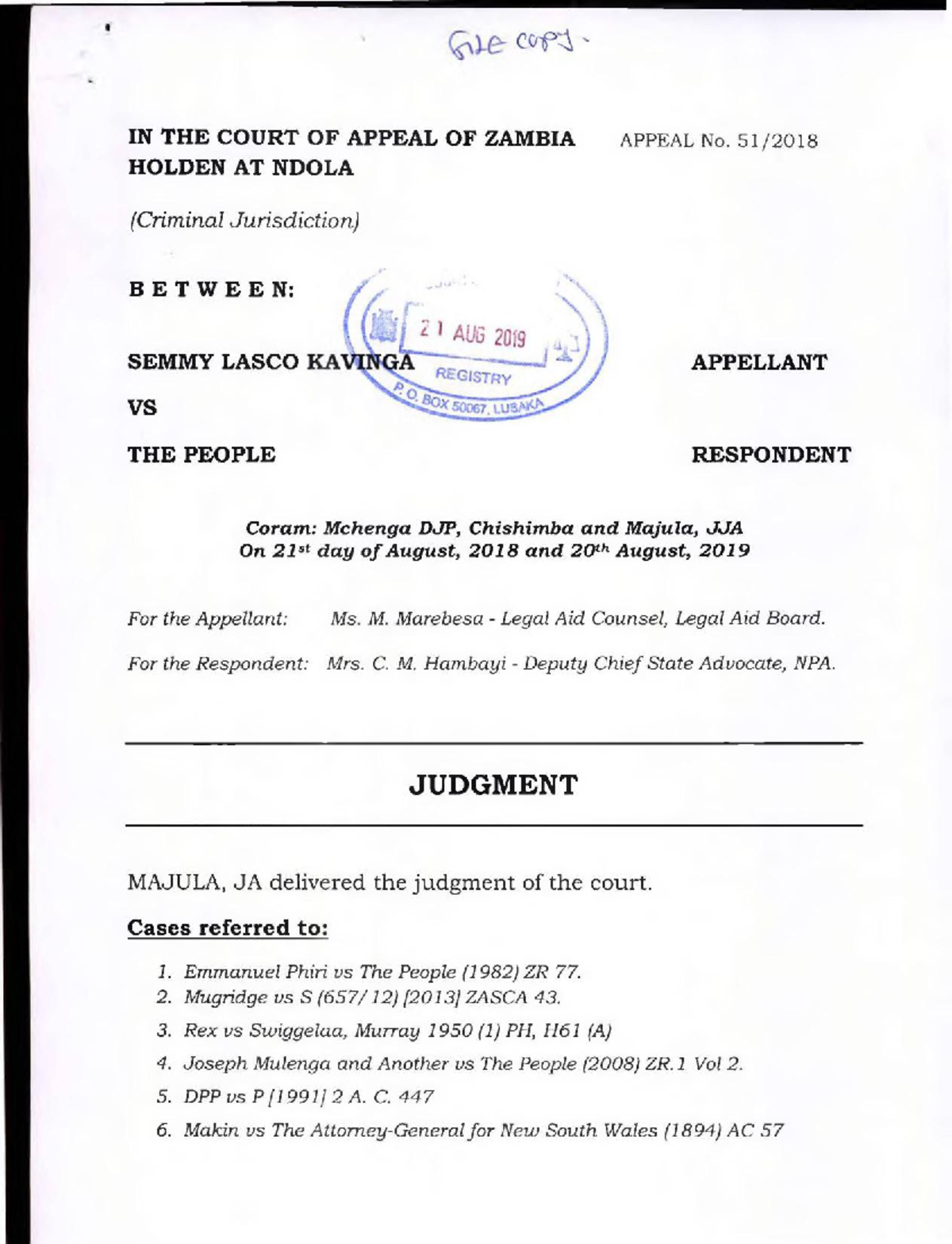 Kavinga v the people - Good material - IN THE COURT OF APPEAL OF ZAMBIA ...