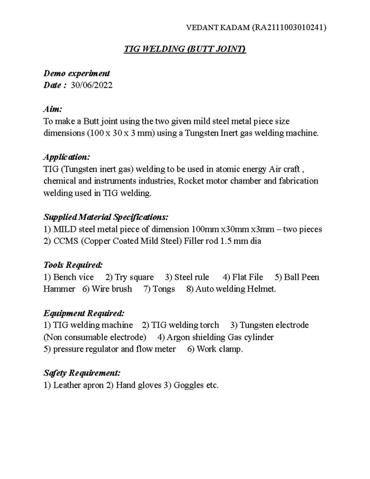 TIG welding (Butt joint) - VEDANT KADAM(RA2111003010241) TIG WELDING ...