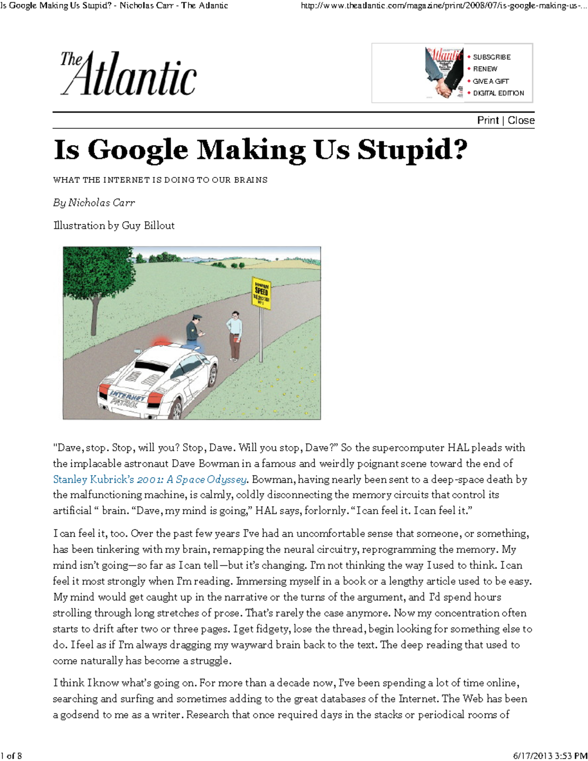 Carr N Is Google Making Us Stupid The Atlantic - SUBSCRIBE RENEW GIVE A ...