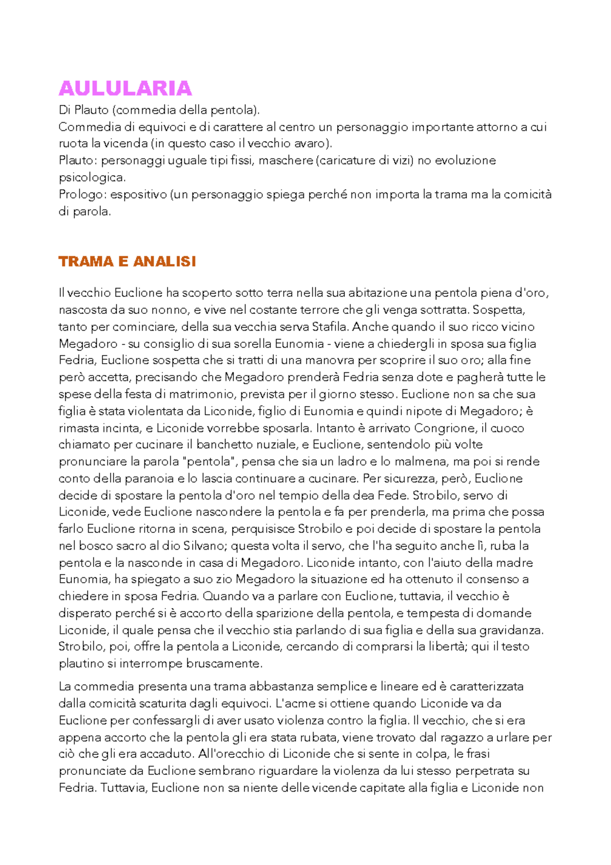 Aulularia - AULULARIA Di Plauto (commedia della pentola). Commedia di equivoci e di carattere al ...