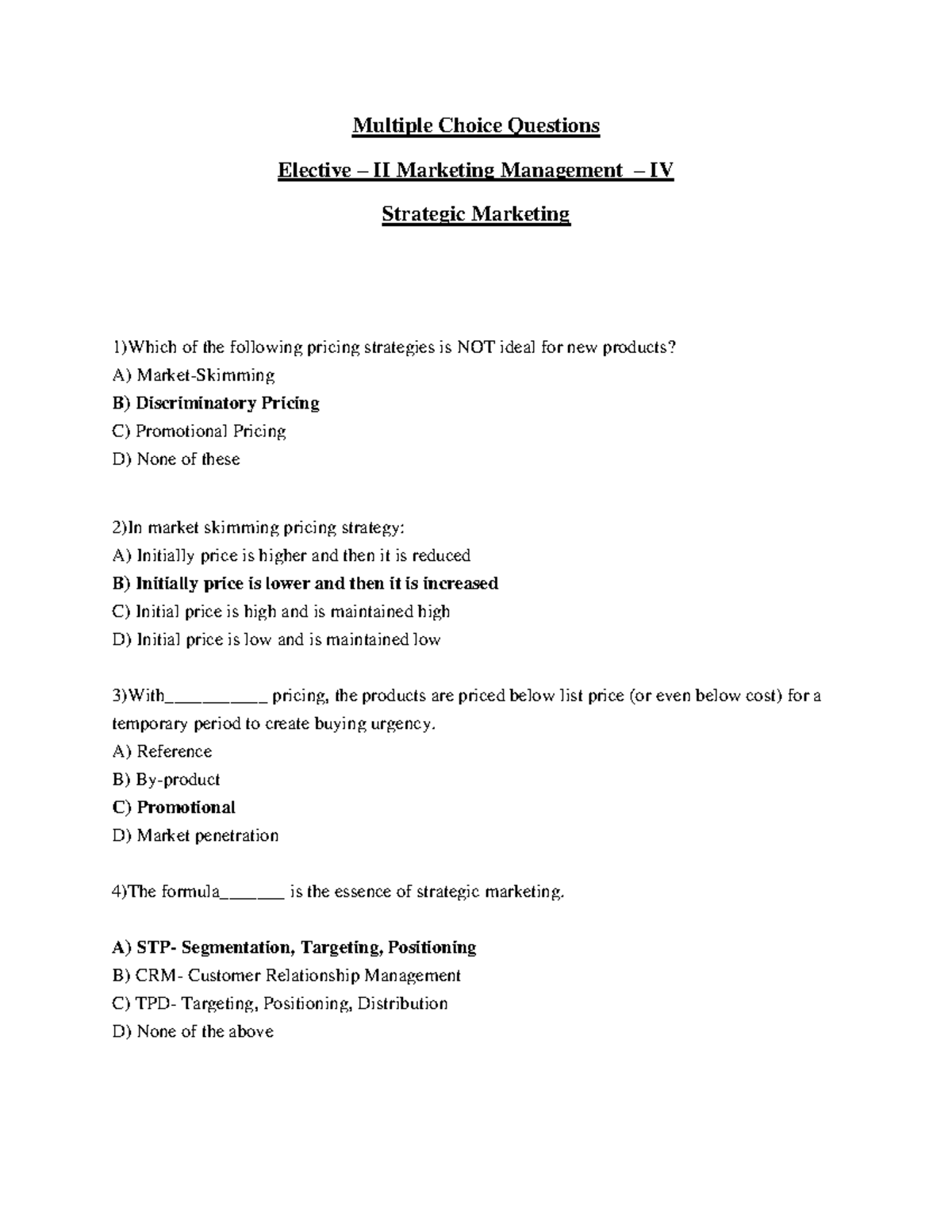 MCQ on Strategic Marketing - Multiple Choice Questions Elective – II ...