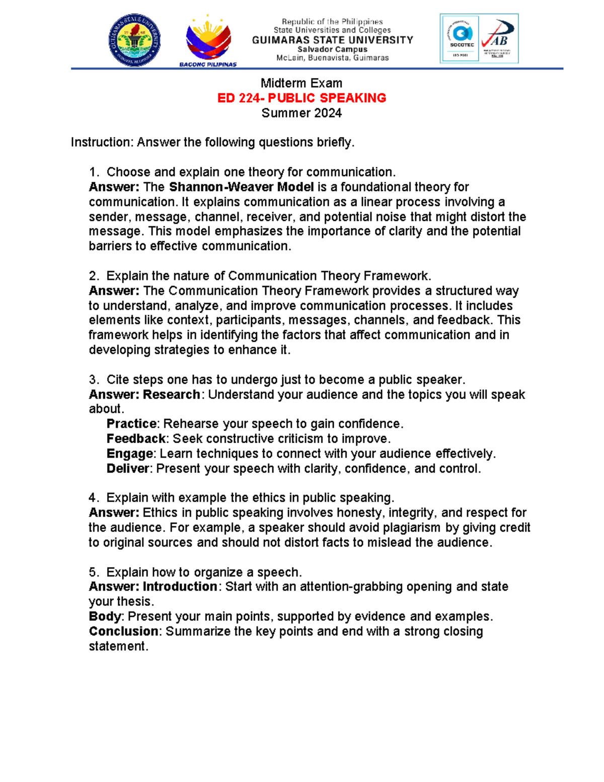 Midterm Exam - ESSAY TYPE TEST - Midterm Exam ED 224- PUBLIC SPEAKING ...
