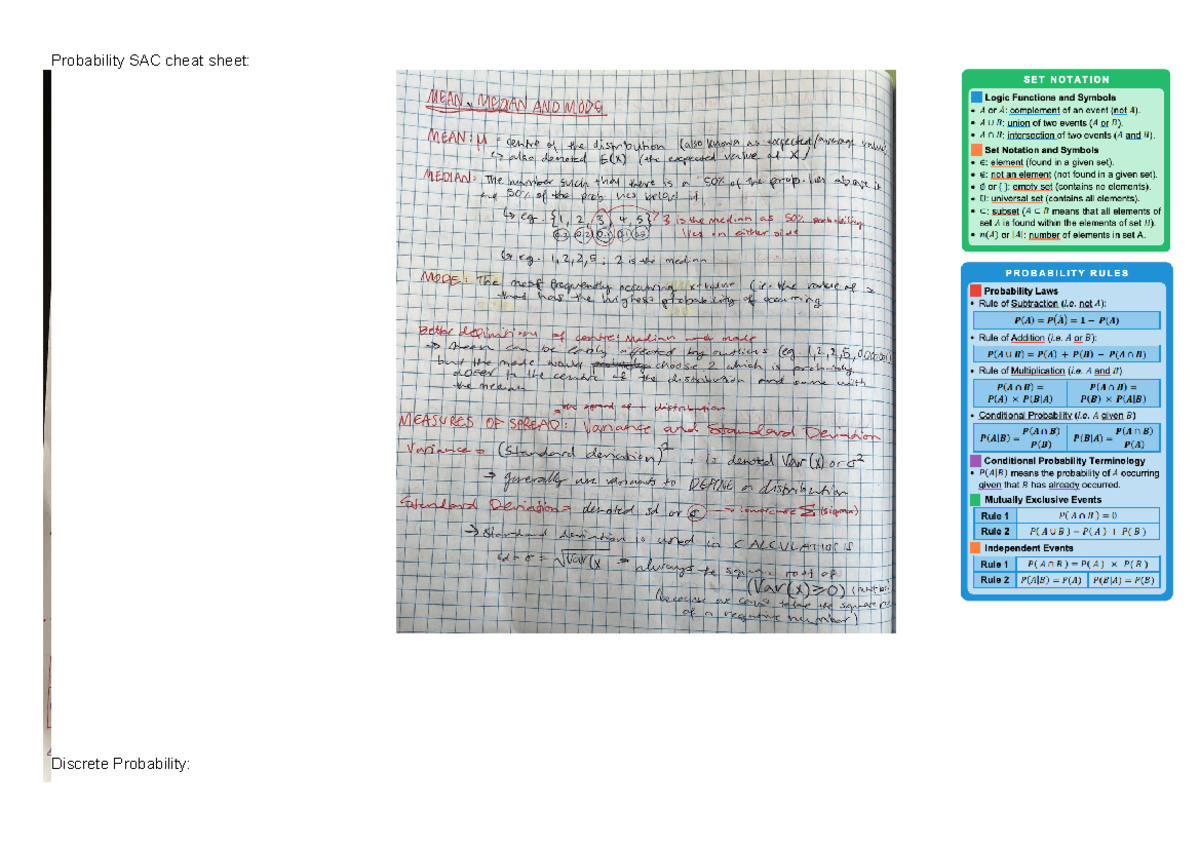 Probability sac cheat sheet - Probability SAC cheat sheet: Discrete ...
