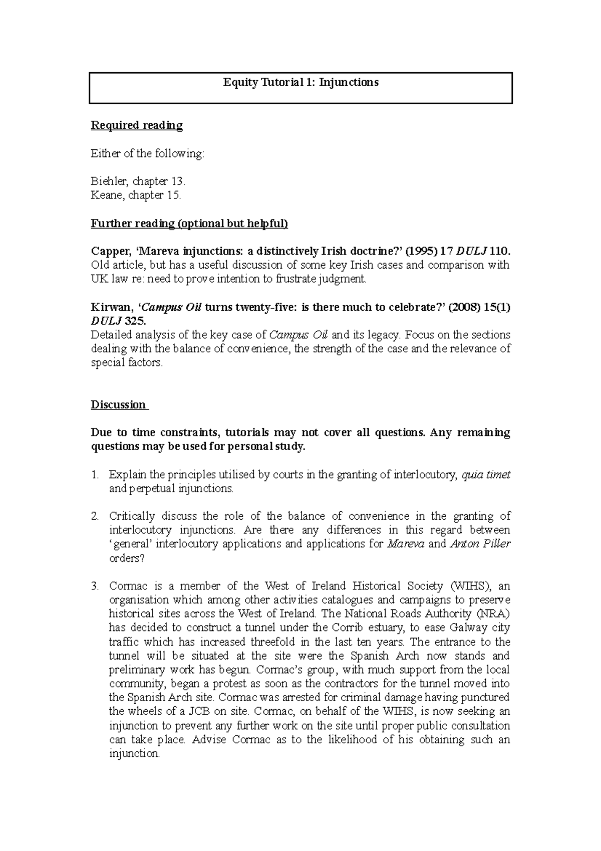 Equity Tutorial 1 injunctions - Equity Tutorial 1: Injunctions Required ...