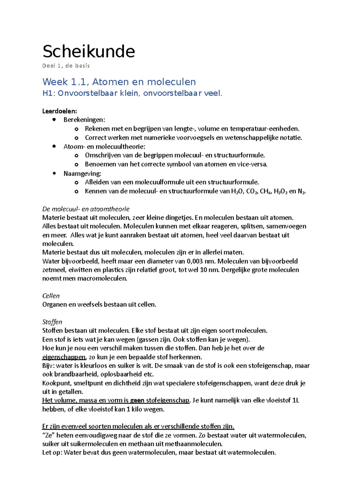 Scheikunde - Scheikunde Deel 1, de basis Week 1, Atomen en moleculen H1 ...