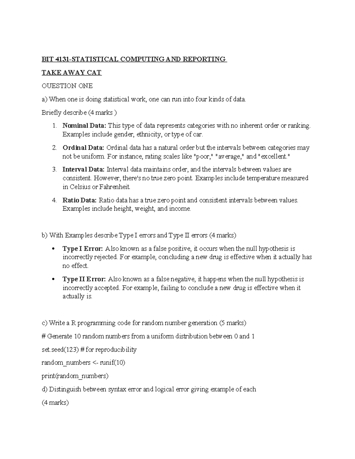 CAT1 - BIT 4131-STATISTICAL COMPUTING AND REPORTING TAKE AWAY CAT ...