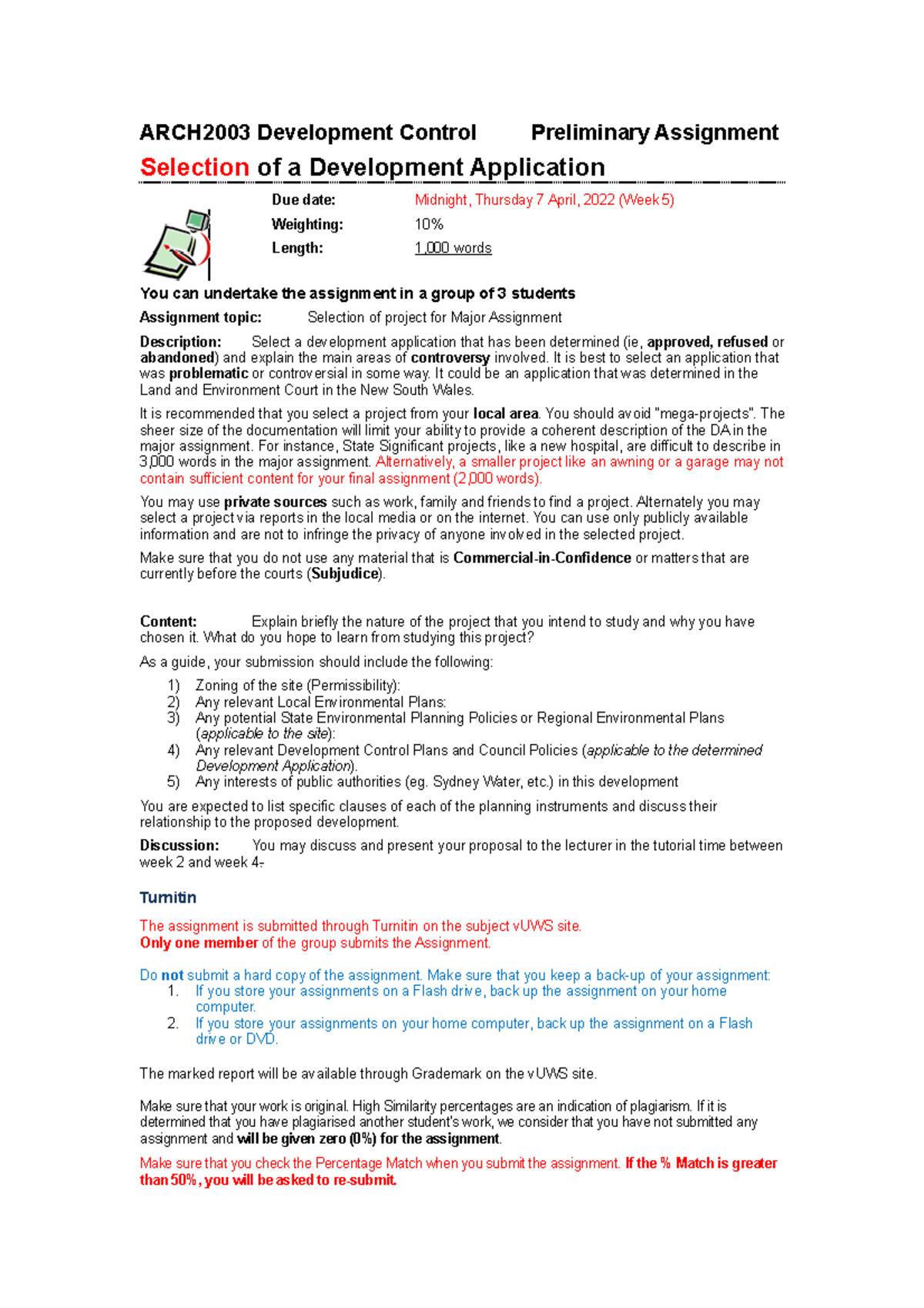 Preliminary Assignment 2022 - ARCH2003 Development Control Preliminary Assignment Selection of a ...