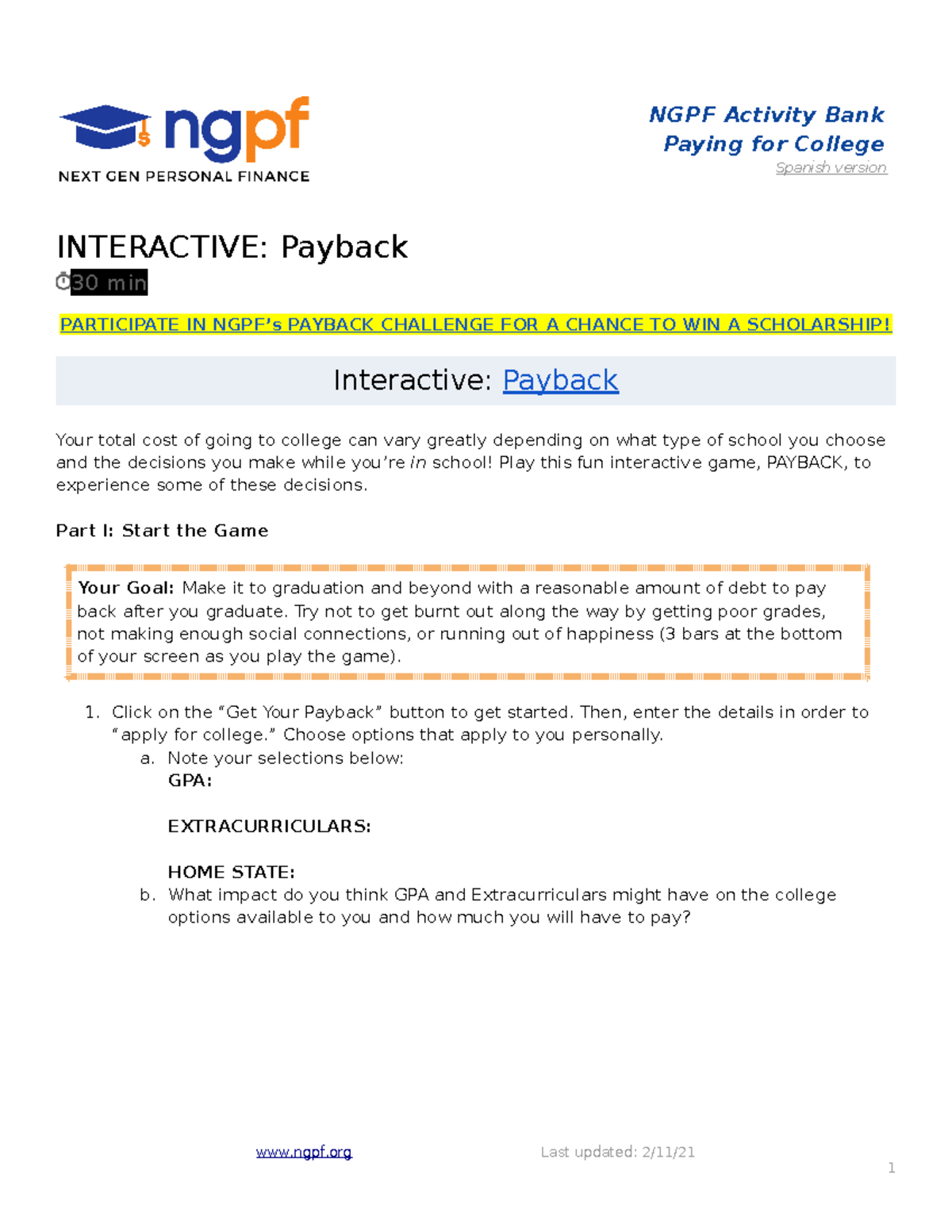 Interactive Payback 1 - hey - NGPF Activity Bank Paying for College Spanish version INTERACTIVE ...
