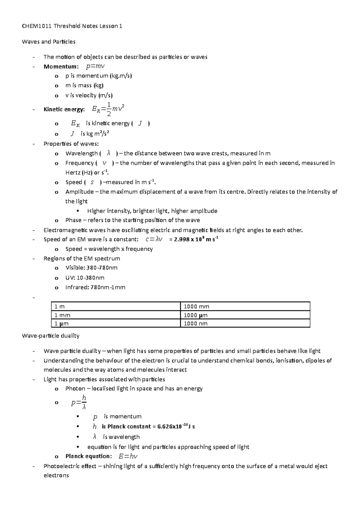 Waves and Particles Threshold Notes - CHEM1011 Threshold Notes Lesson 1 ...