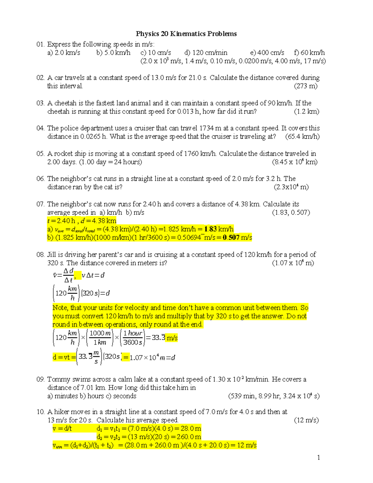 2 P20 Kinematics Booklet KEY - Physics 20 Kinematics Problems Express ...