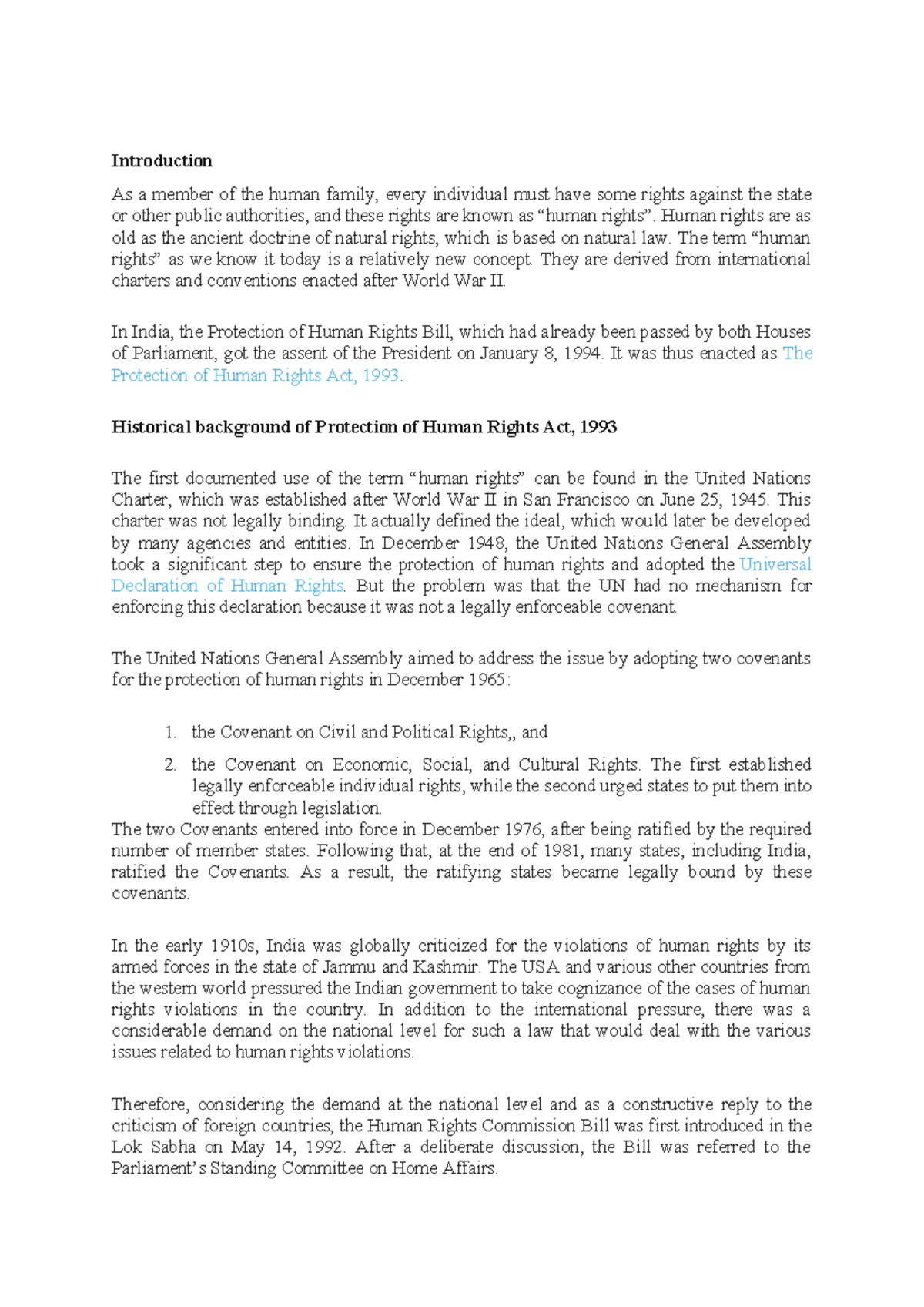 HRA, NHRC, SHRC - law - Introduction As a member of the human family ...