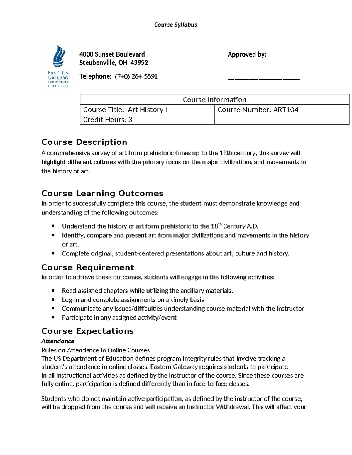 ART104 Art History I Syllabus-1-1 - 4000 Sunset Boulevard Approved by ...