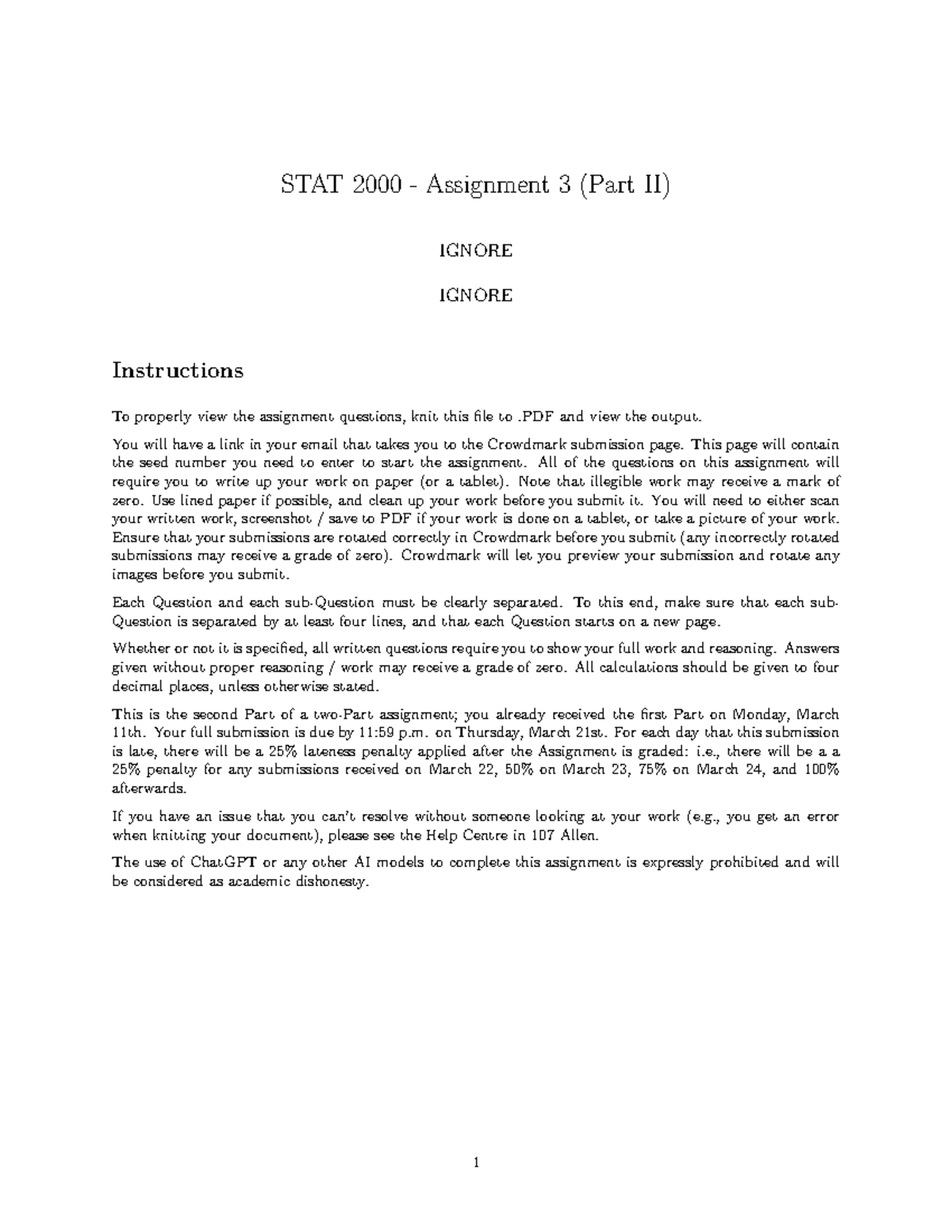 STAT 2000 A3 Part II Solutions - STAT 2000 - Assignment 3 (Part II) IGNORE IGNORE Instructions ...