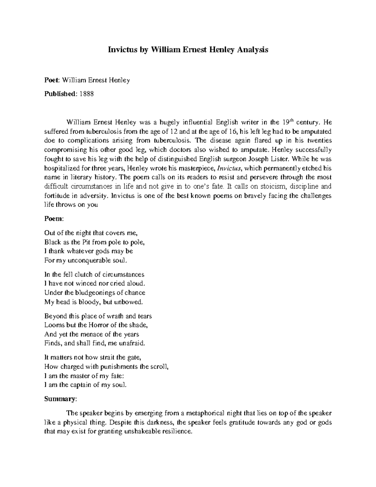 Invictus by William Ernest Henley Analysis - He suffered from ...