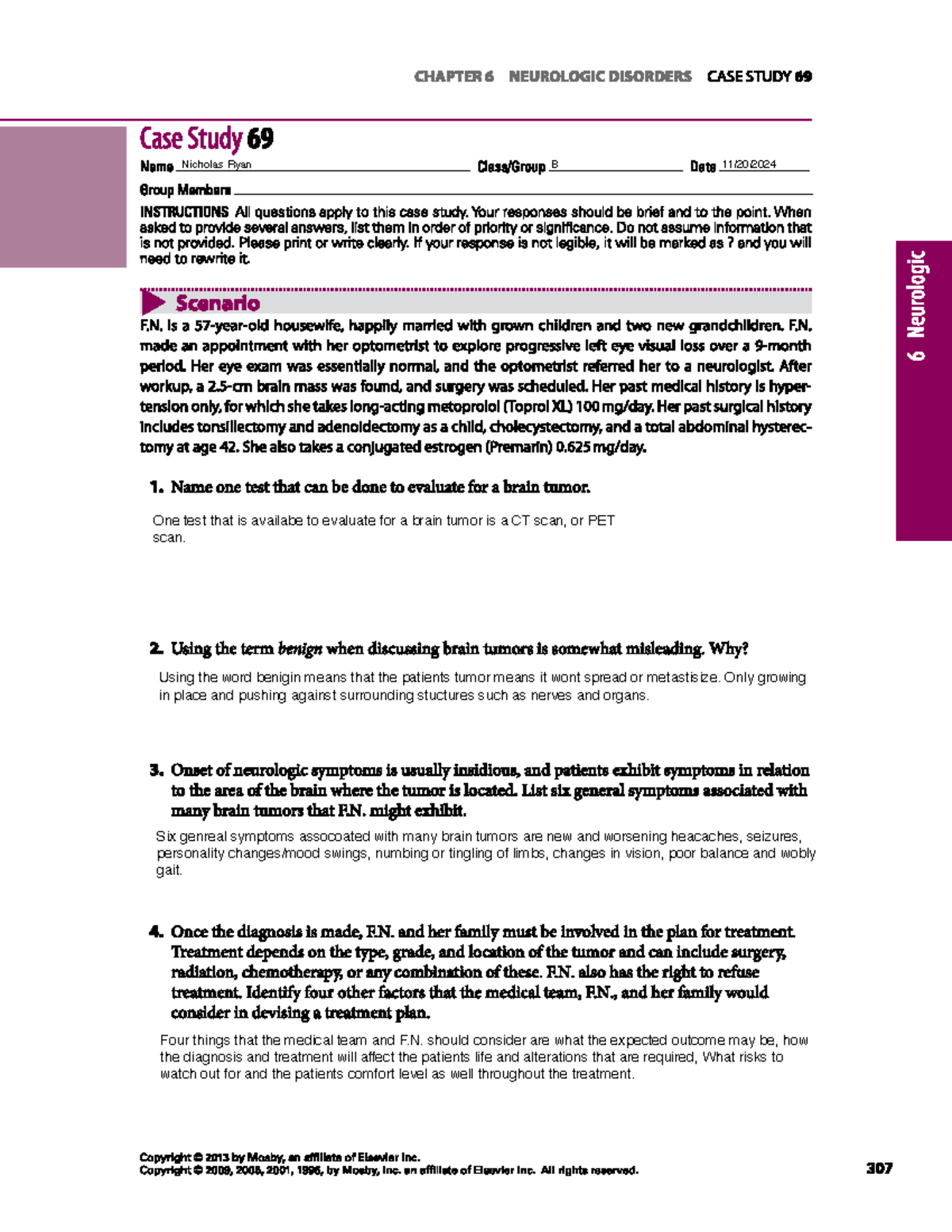 Neuro Case study # 69 (Brain tumor) - NUR 1400 - Studocu