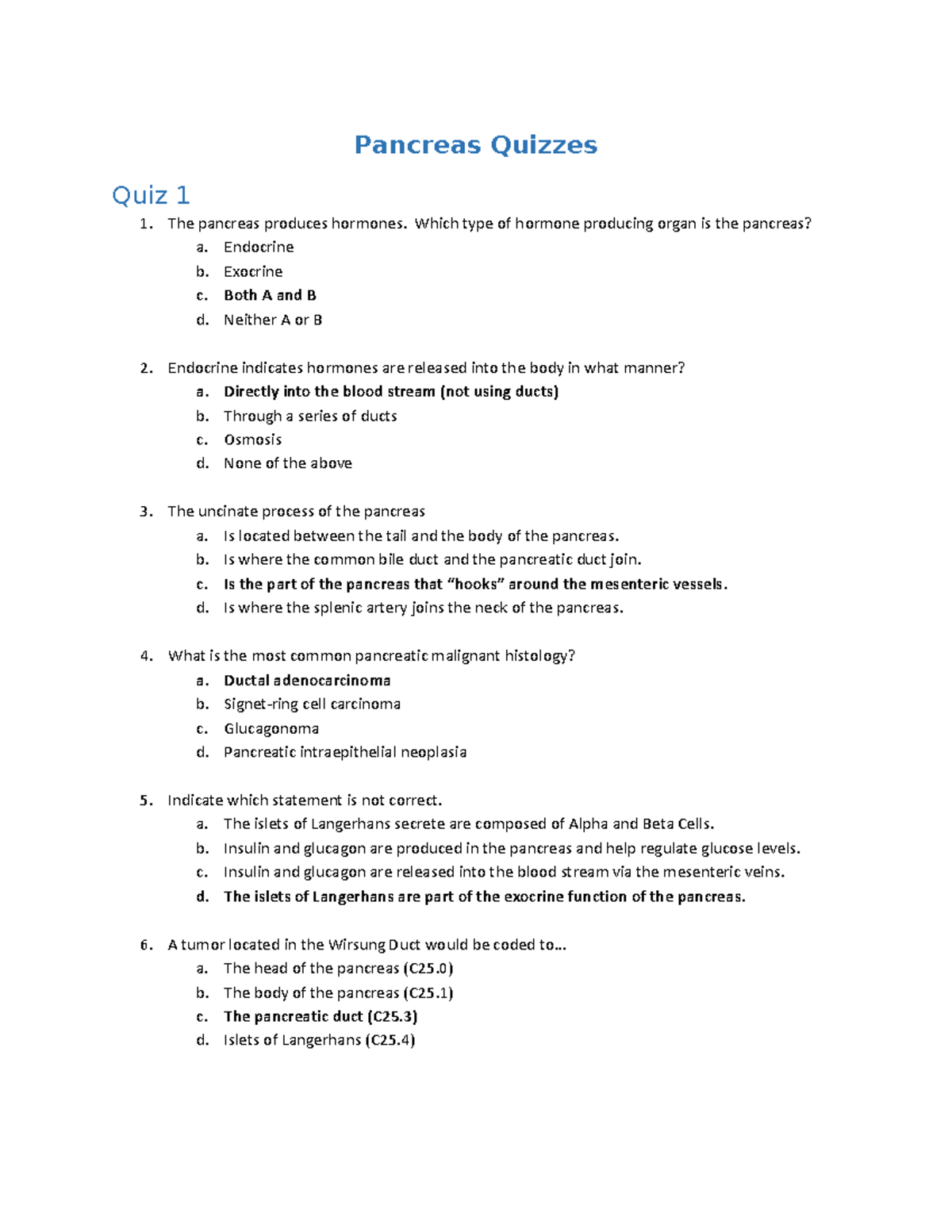 Quiz-Answers-Pancreas - Pancreas Quizzes Quiz 1 The pancreas produces ...