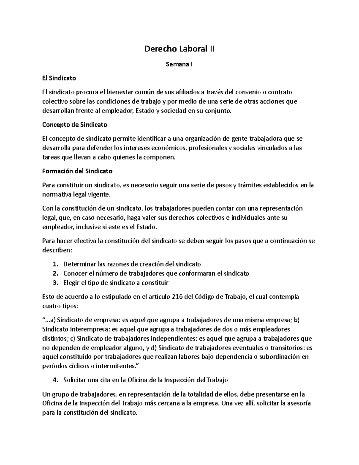 Derecho Laboral II, Semana I - Derecho Laboral II Semana I El Sindicato El sindicato procura el ...