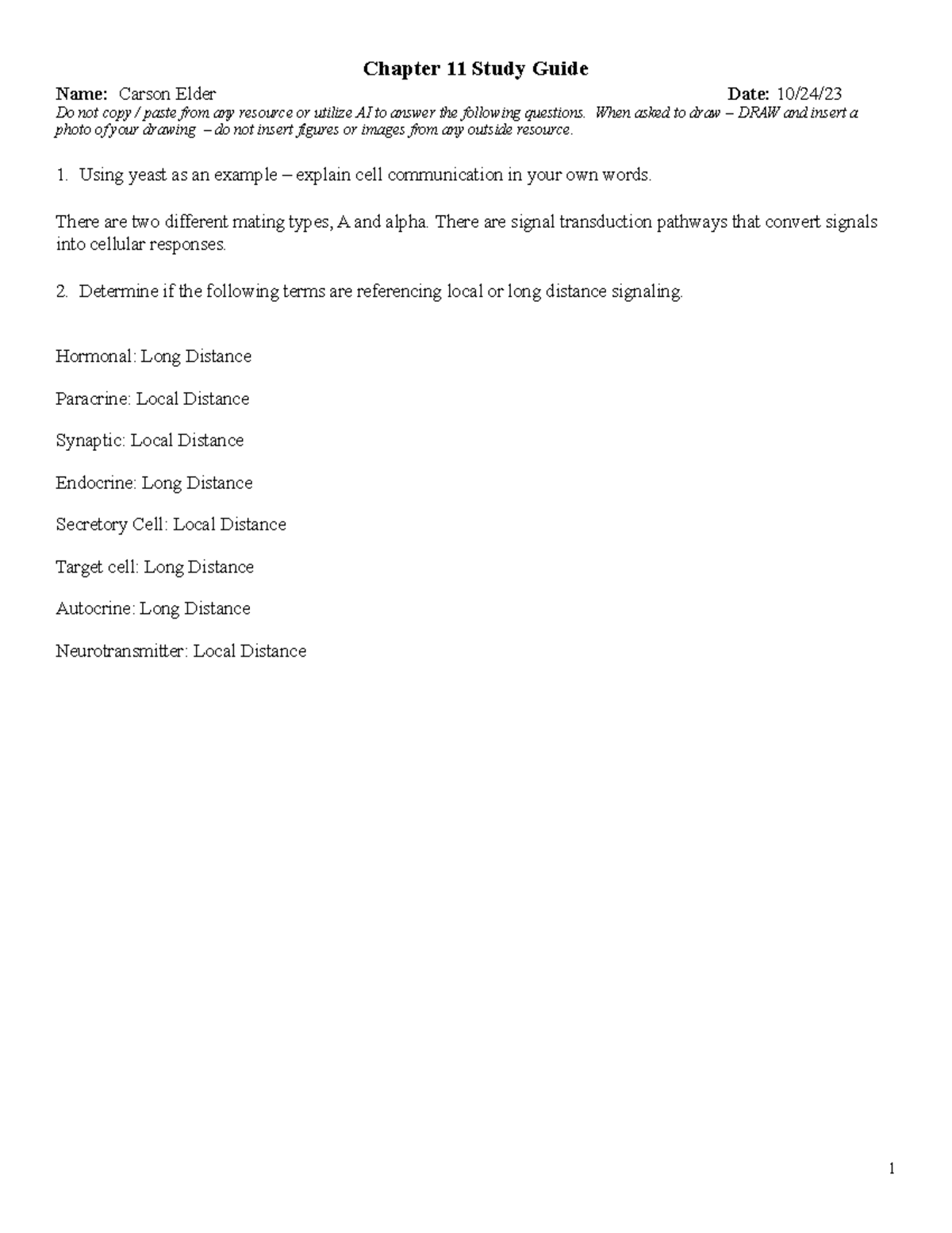 Bio 181 Ch. 11 Study Guide - Chapter 11 Study Guide Name: Carson Elder ...