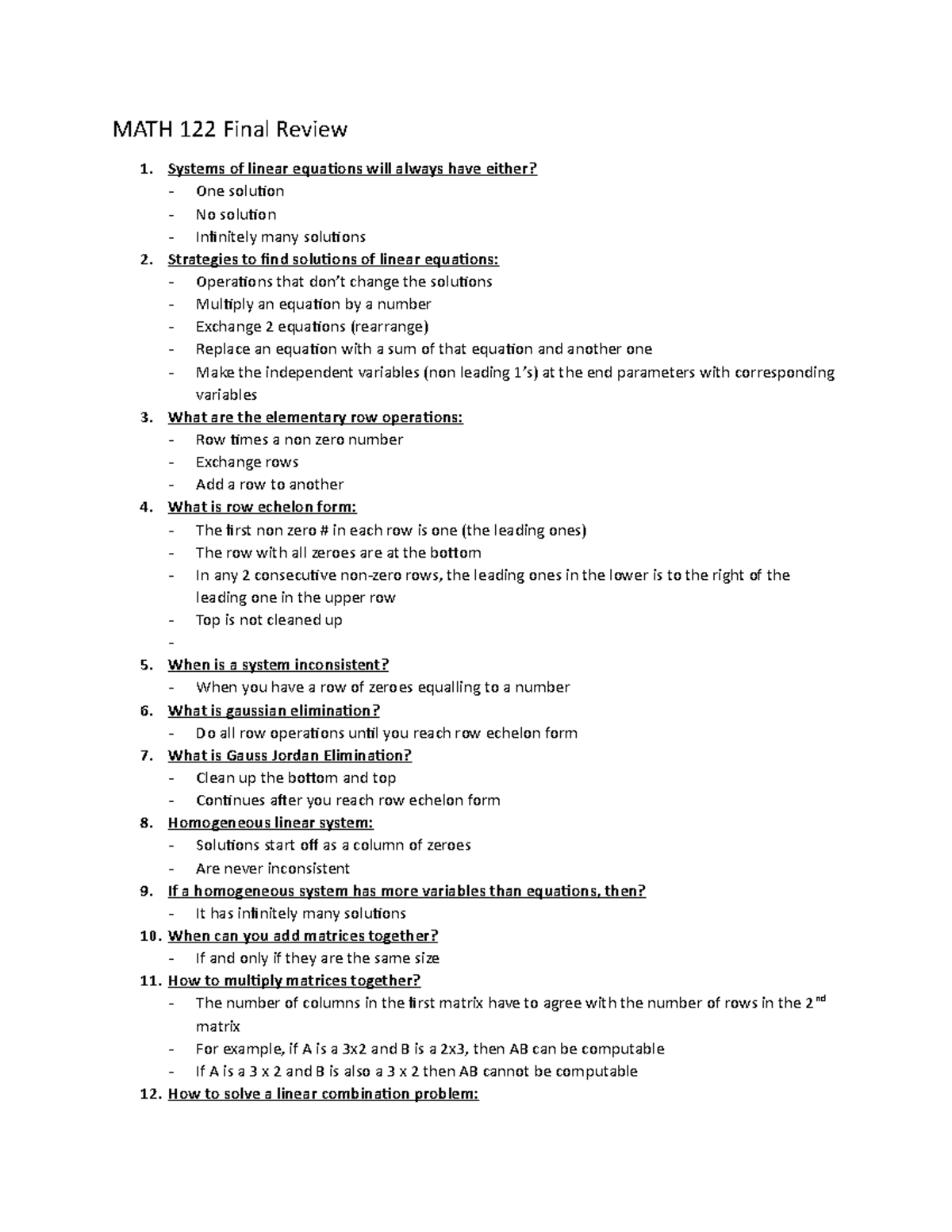 MATH 122 Final Review - MATH 122 Final Review Systems of linear equations will always have ...