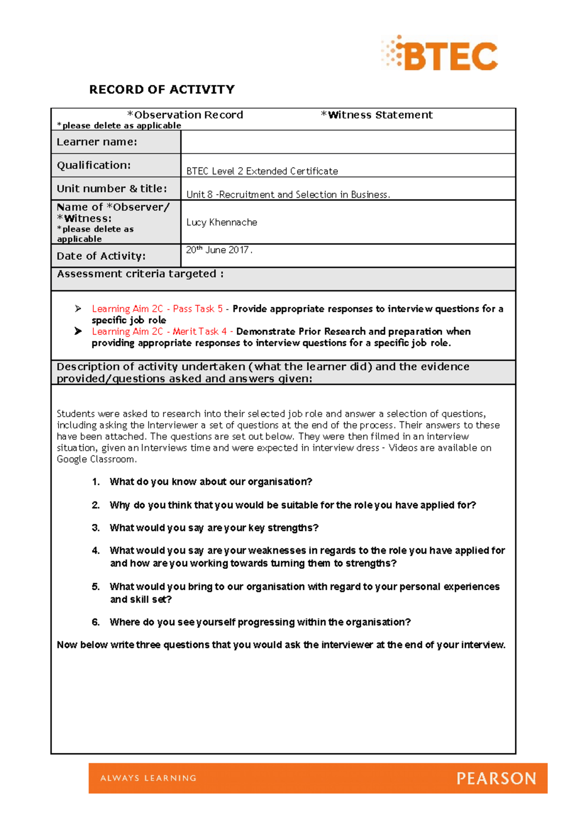 Record OF Activity for Interview - RECORD OF ACTIVITY *Observation ...